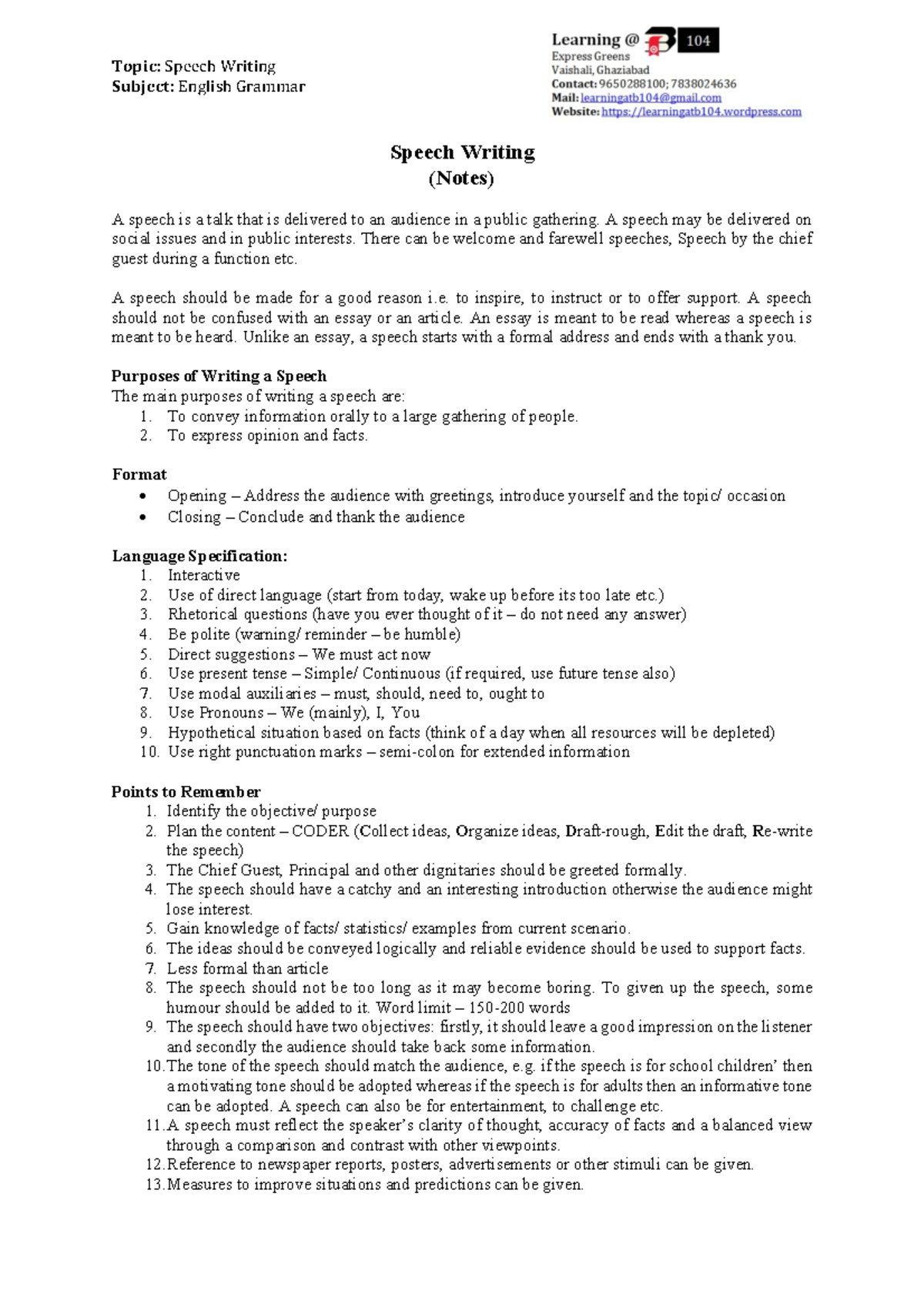 Speech-writing-notes - Topic: Speech Writing Subject: English Grammar ...