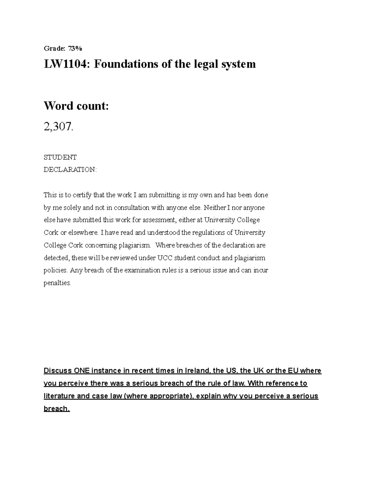 Rule of Law Essay - Grade: 73% LW1104: Foundations of the legal system ...
