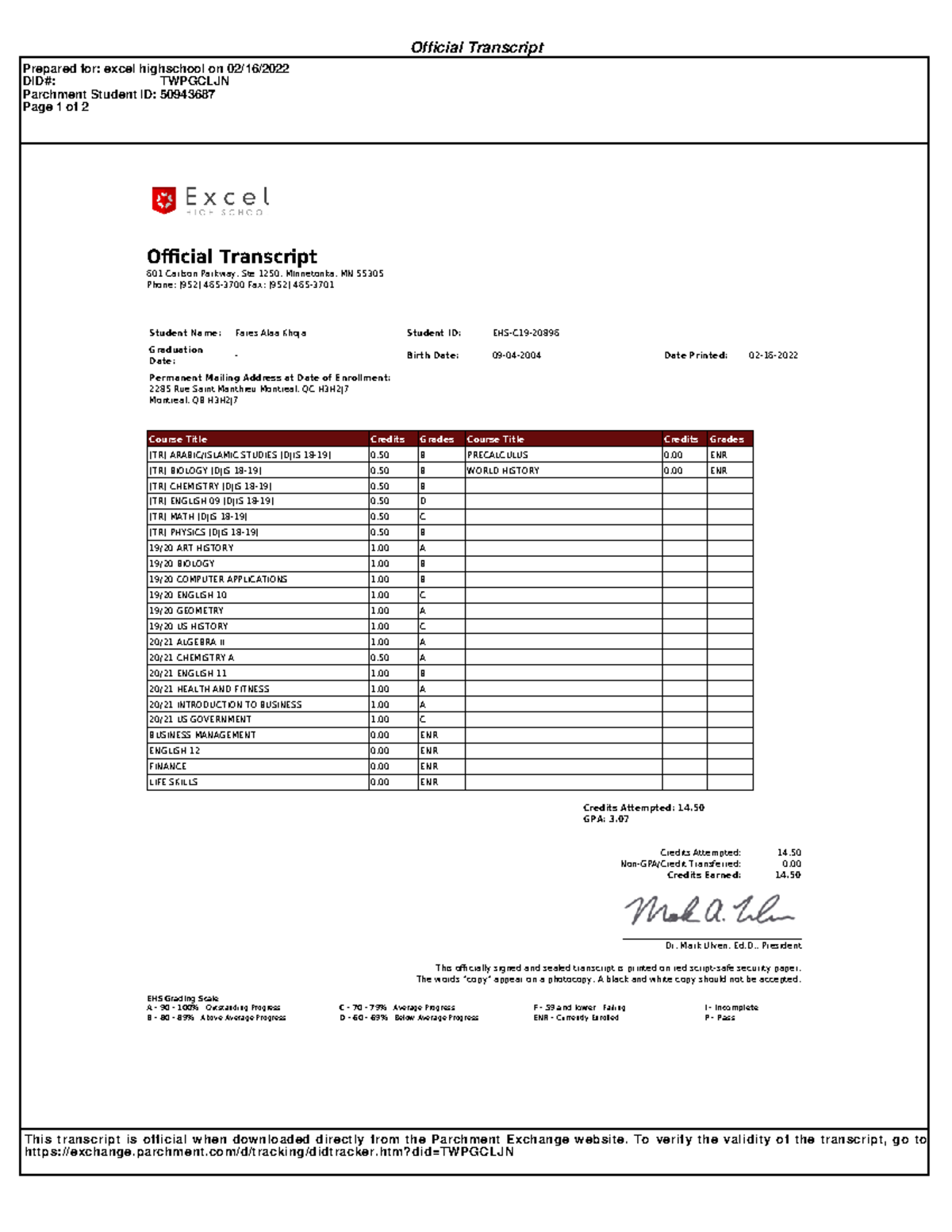 Transcript - good for assignment - Official Transcript 601 Carlson ...