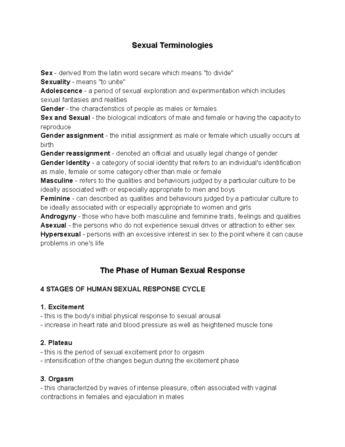 Understanding the Self Lecture Part 1 - Sexual Terminologies Sex - derived from the latin word ...