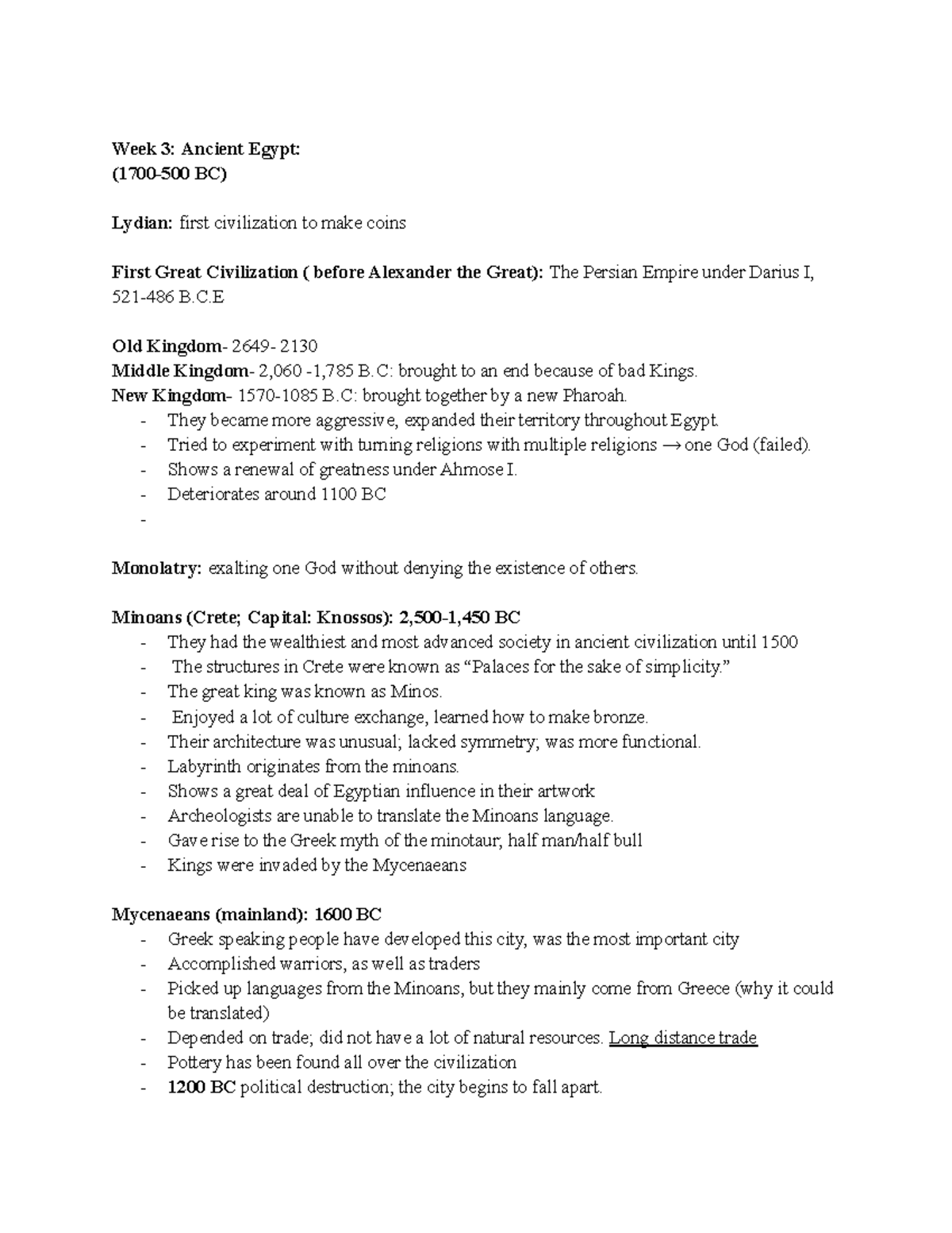 West Civ 1 31 22 - notes for wester civ intro - Week 3: Ancient Egypt ...