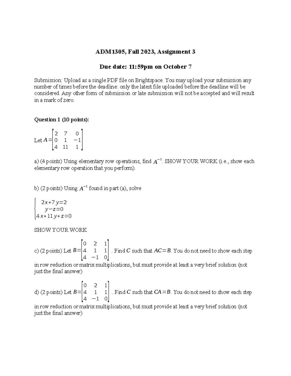 ADM1305 2023 Assignment 3 solutions - ADM1305, Fall 2023, Assignment 3 Due date: 11:59pm on ...