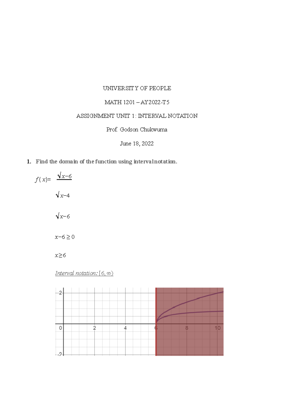 PA Unit 1 - Interval Notation - UNIVERSITY OF PEOPLE MATH 1201 3 AY2022 ...