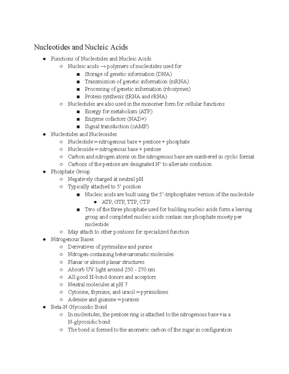 CHEM 527 Exam 3 Notes - Spring 2023 - Nucleotides and Nucleic Acids ...