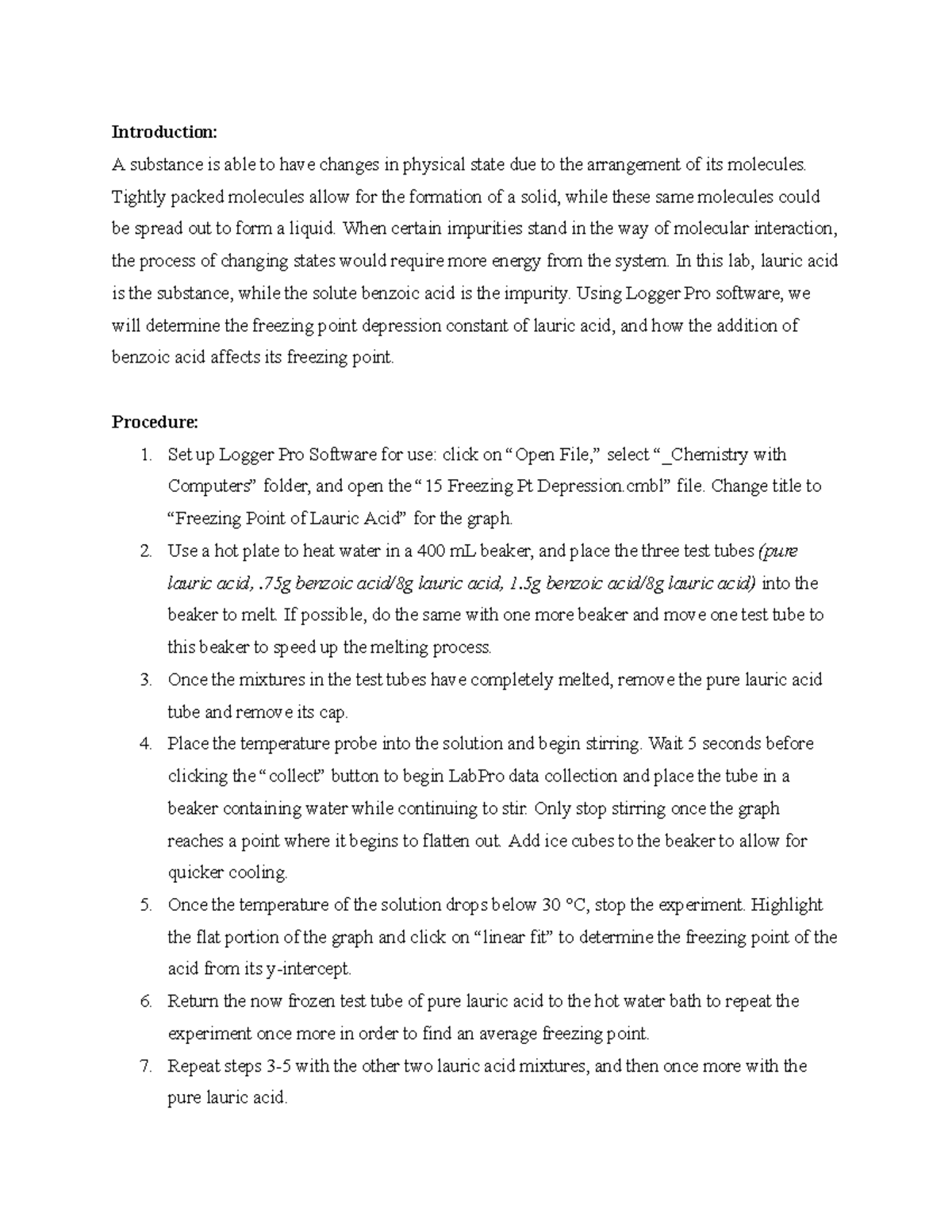 Freezing Point Depression Lauric Acid Lab Report - Introduction: A ...