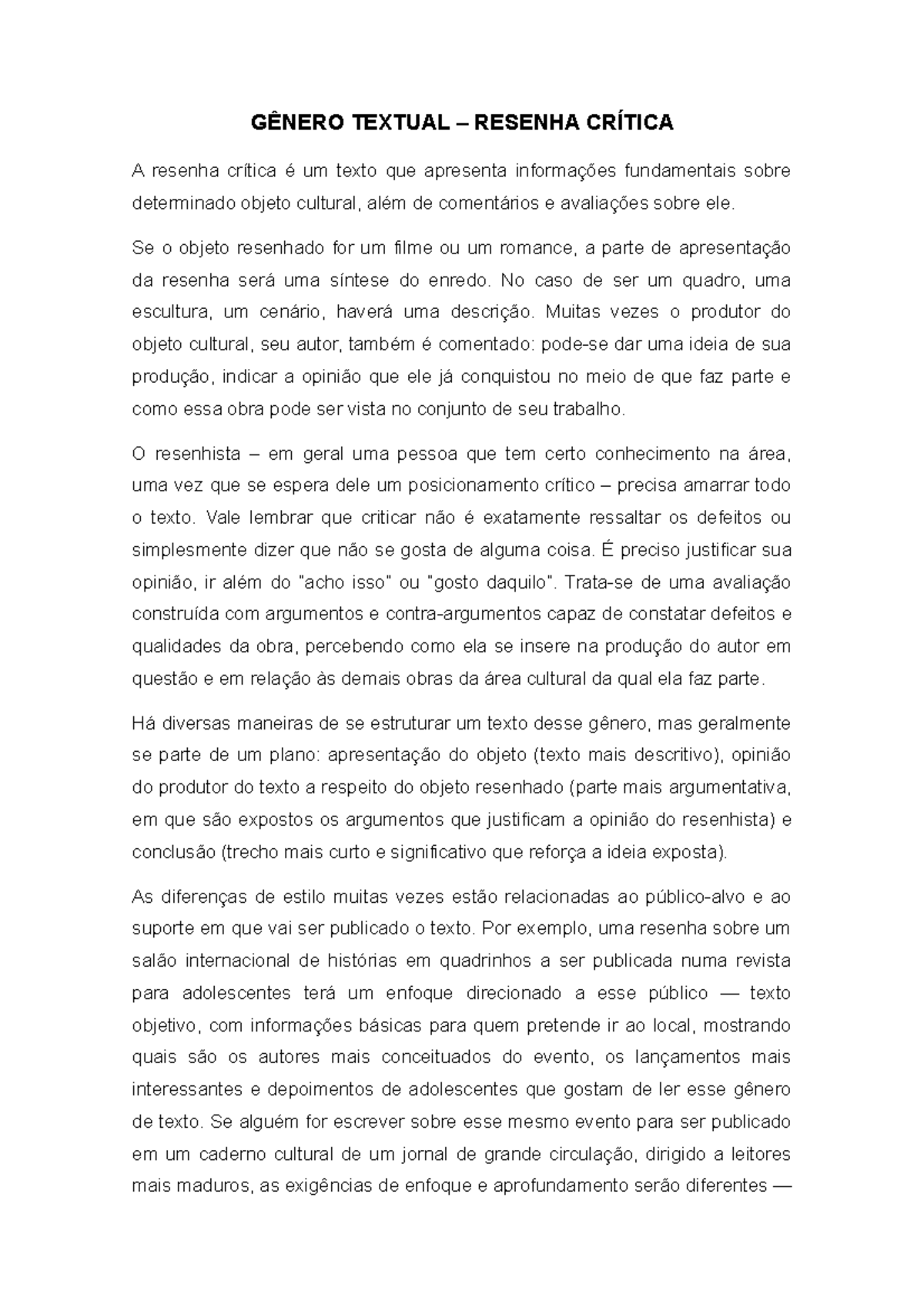 Gênero textual - resenha crítica - GÊNERO TEXTUAL – RESENHA CRÍTICA A ...
