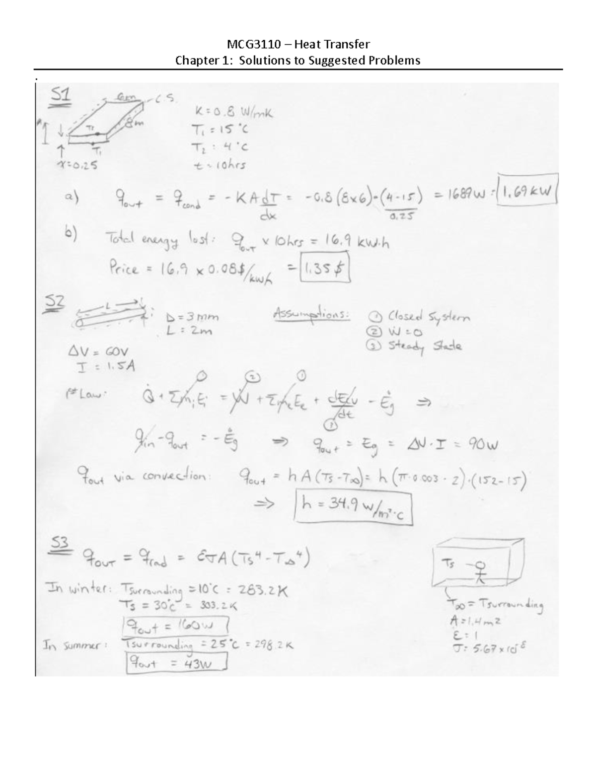 Chap 1 - Solutions Problèmes Suggérés - MCG3110 - MCG3110 – Heat Transfer Chapter 1: Solutions ...