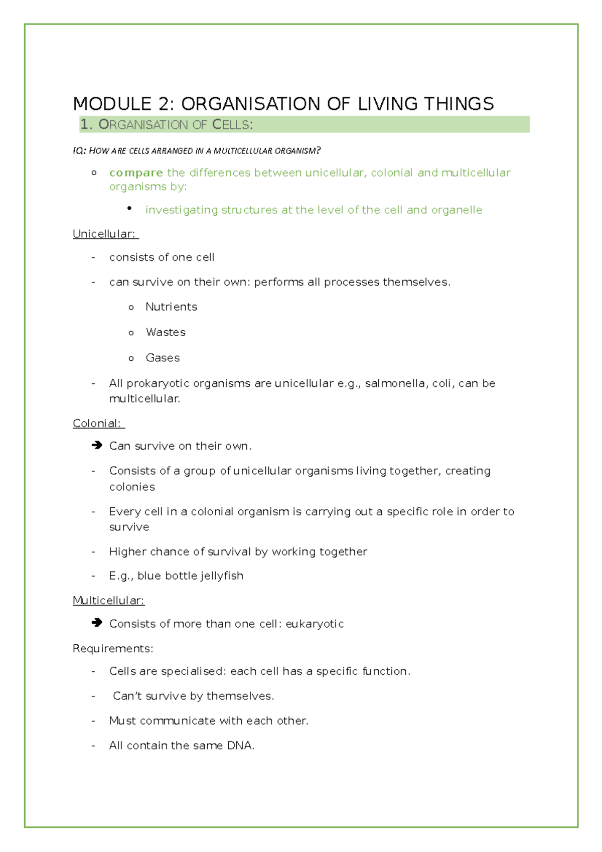 Module 2 Combined notes - MODULE 2: ORGANISATION OF LIVING THINGS 1 ...