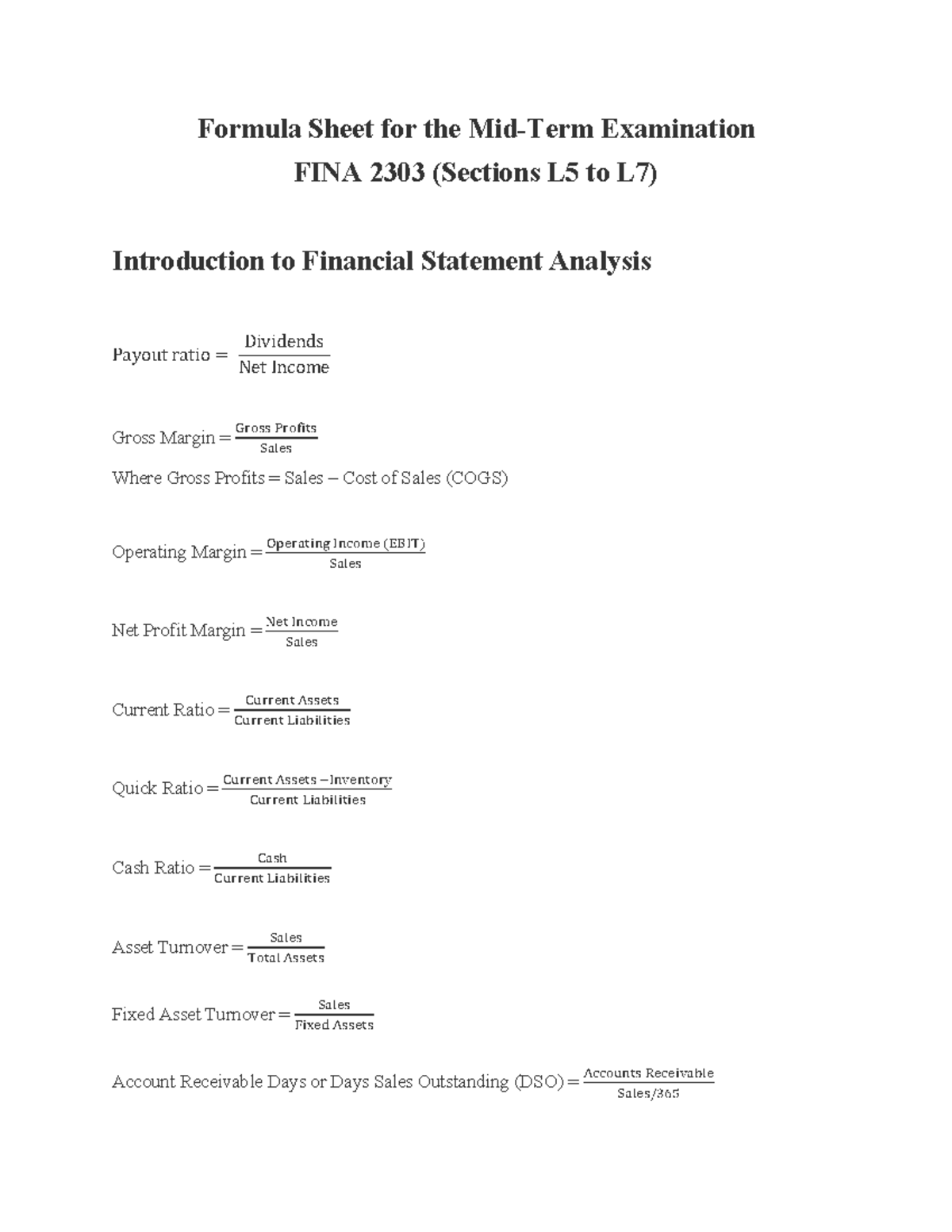 Formula Sheet Mid Term - Formula Sheet for the Mid-Term Examination ...