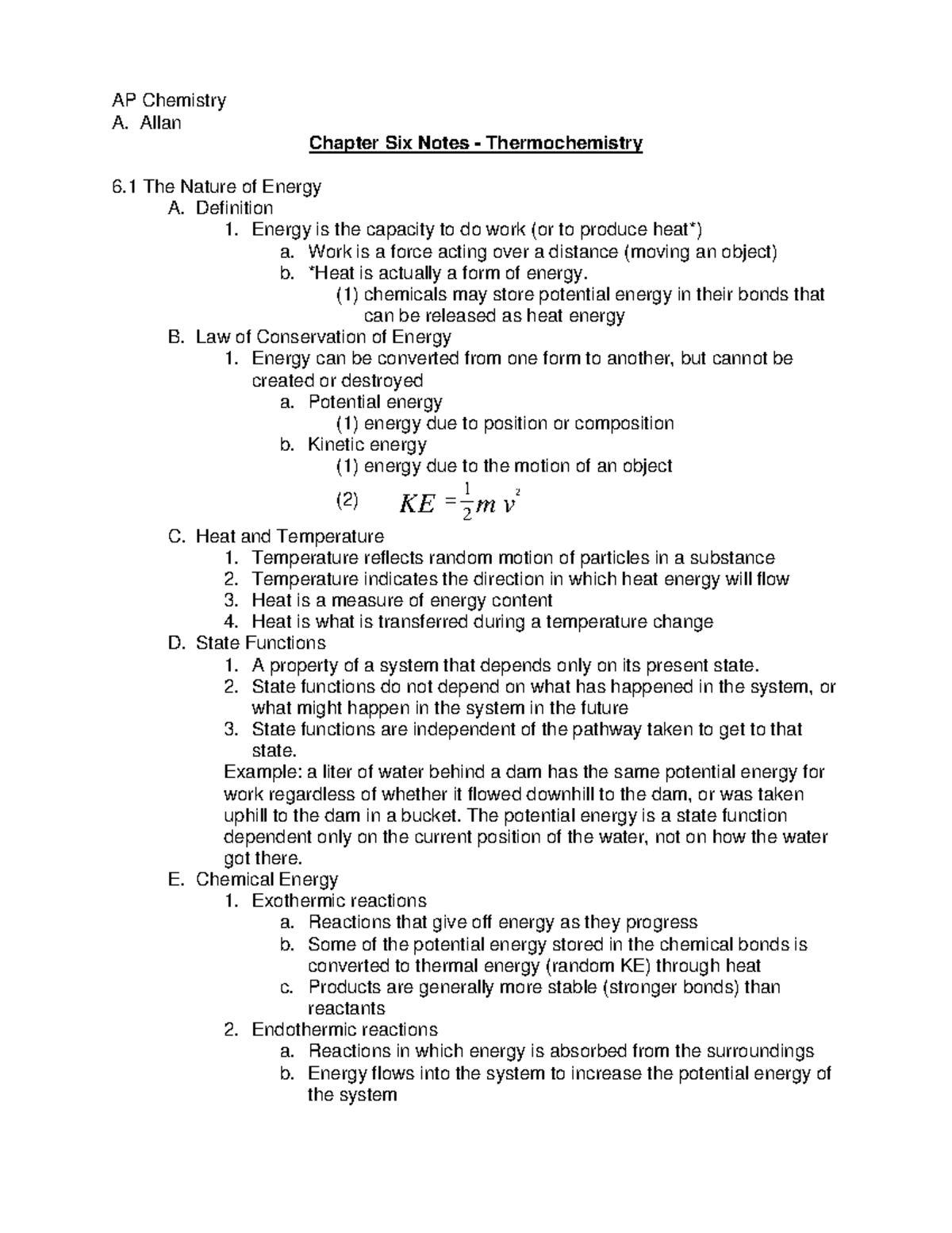 Chapter Six Notes - Thermochemistry - AP Chemistry A. Allan Chapter Six ...