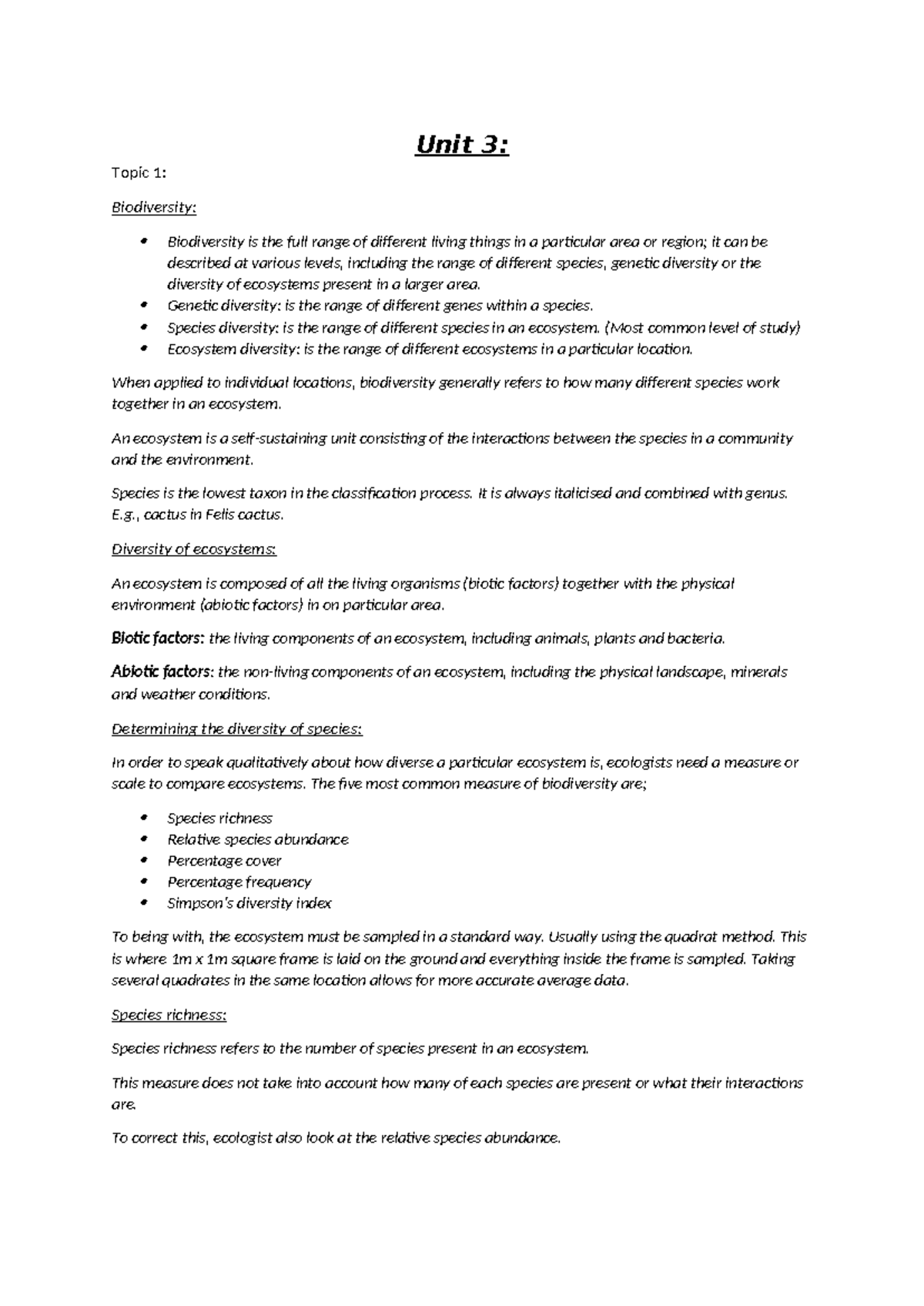 Unit 3 - notes from unit 3 - Unit 3: Topic 1: Biodiversity ...