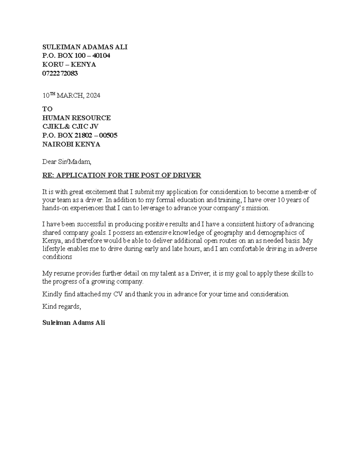 APPLICATION LETTER - SULEIMAN ADAMAS ALI P. BOX 100 – 40104 KORU ...