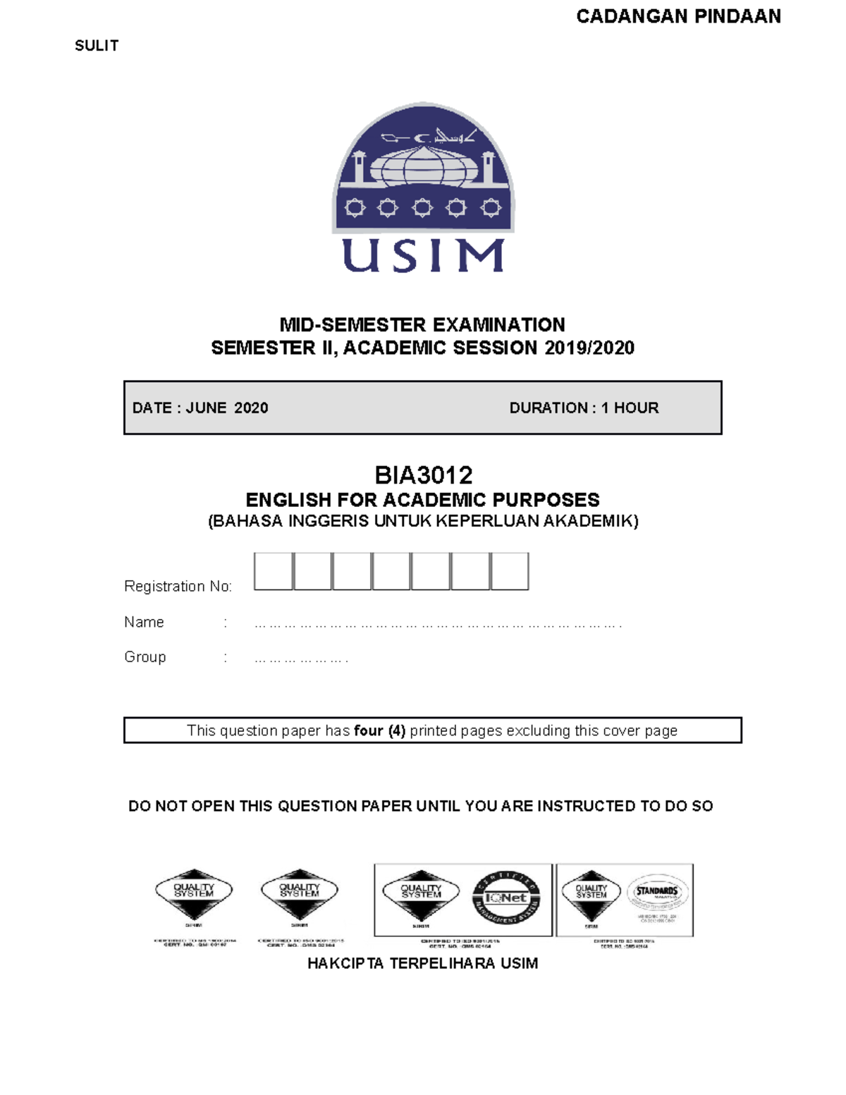 Sample Summary Mid Term sem A192 - SULIT MID-SEMESTER EXAMINATION ...
