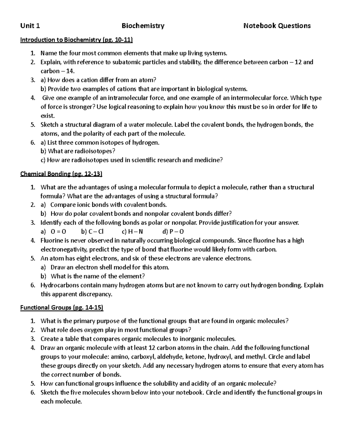 00 - Notebook Questions - Unit 1 Biochemistry Notebook Questions ...