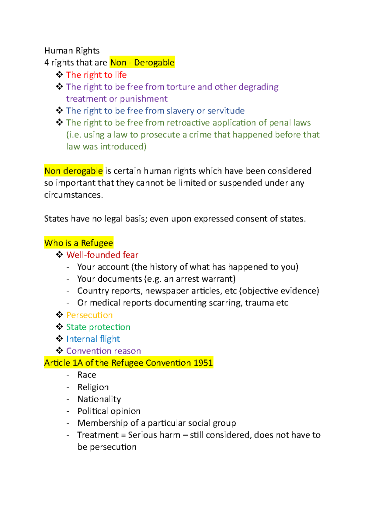 Human Rights - Lecture notes 1-3 - Human Rights 4 rights that are Non ...