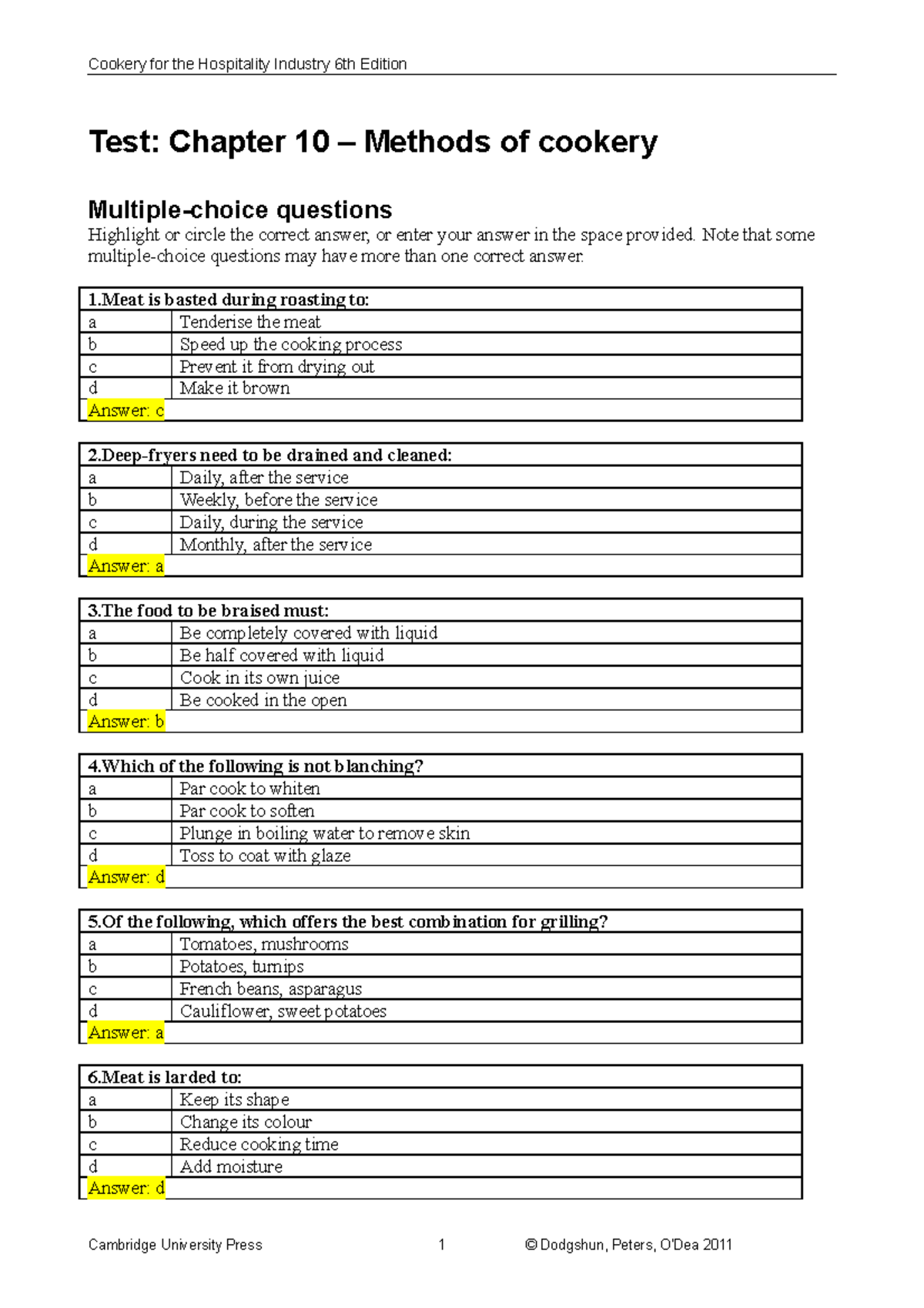 Test ans10 - Sure - Test: Chapter 10 – Methods of cookery Multiple ...