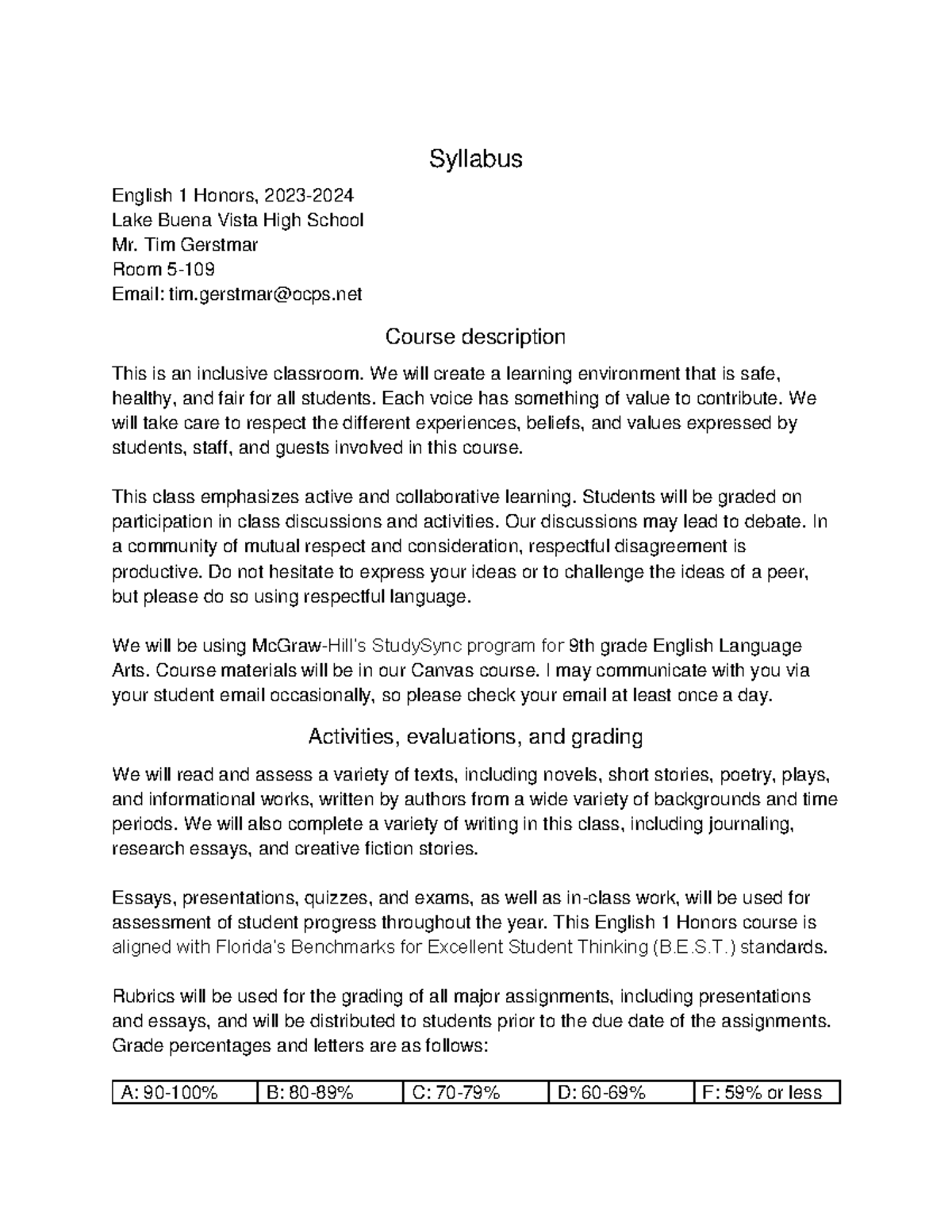 English 1 Honors Syllabus - Syllabus English 1 Honors, 2023- 2024 Lake ...