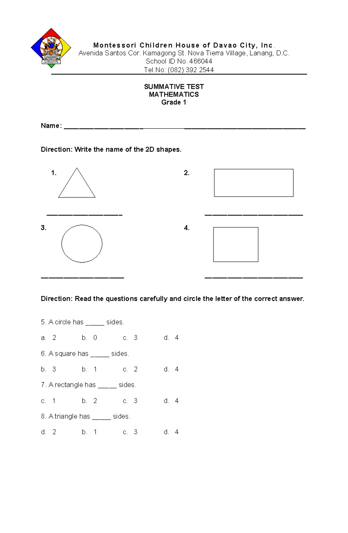 Summative-TEST Mathematics - M o n t e s s o r i C h i l d r e n H o u ...