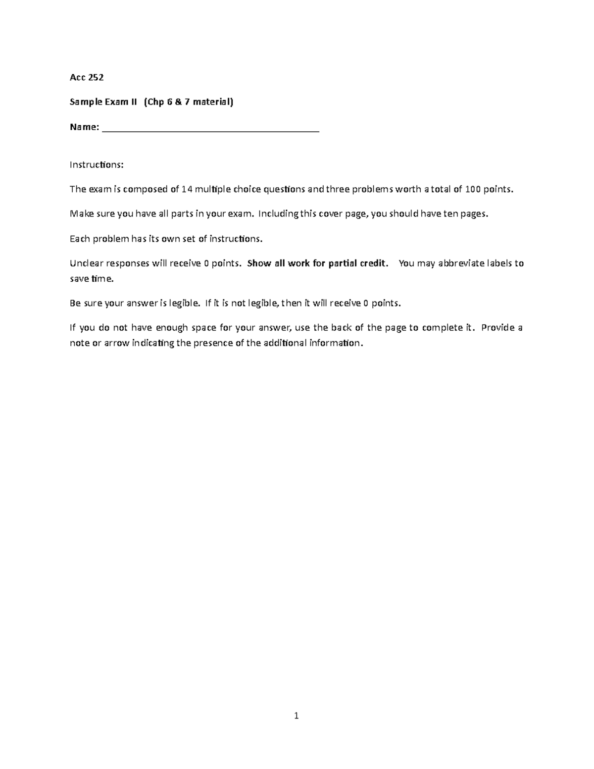 Sample Exam II - aaaaaa - Acc 252 Sample Exam II (Chp 6 & 7 material) Name: - Studocu