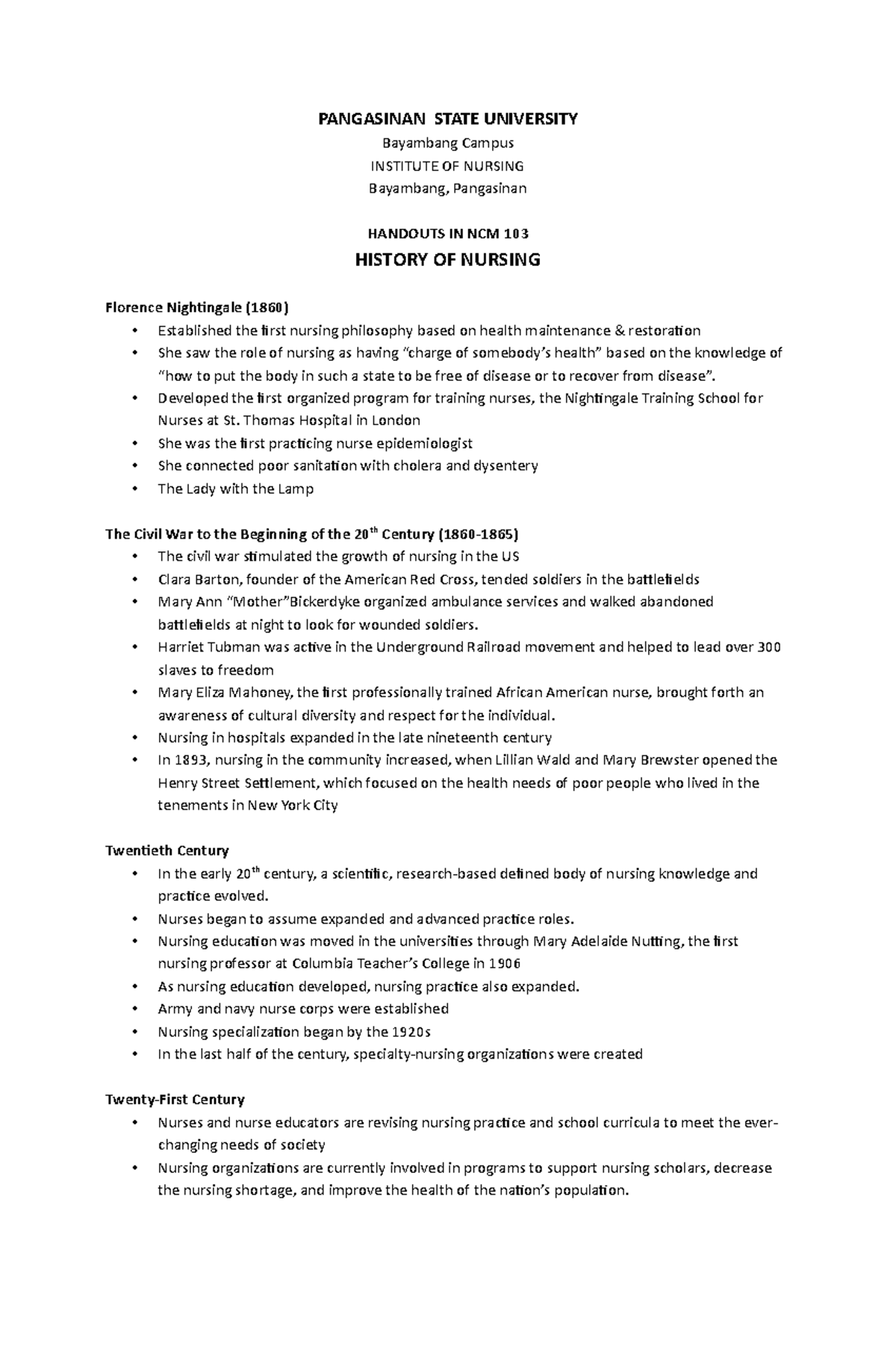 History of Nursing handouts - PANGASINAN STATE UNIVERSITY Bayambang Campus INSTITUTE OF NURSING ...