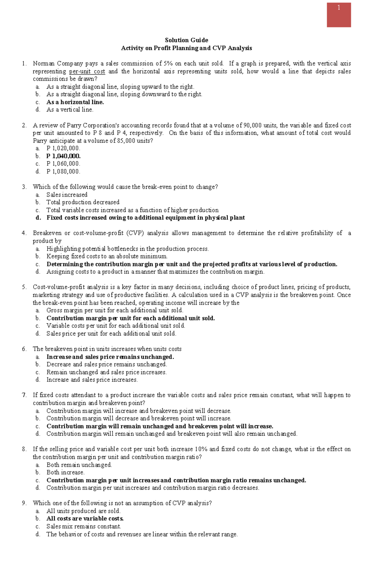 Solution manual in SBA - 1 Solution Guide Activity on Profit Planning ...