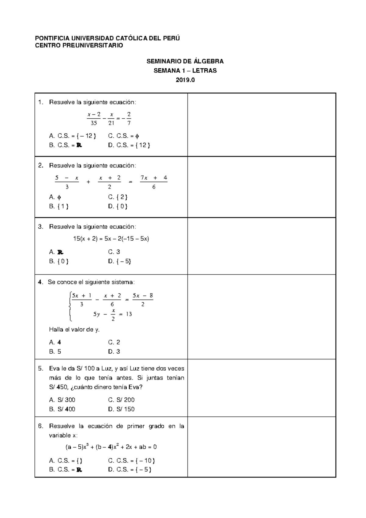 Seminario Álgebra Semana 1 2019 .0 (LL) - PONTIFICIA UNIVERSIDAD ...