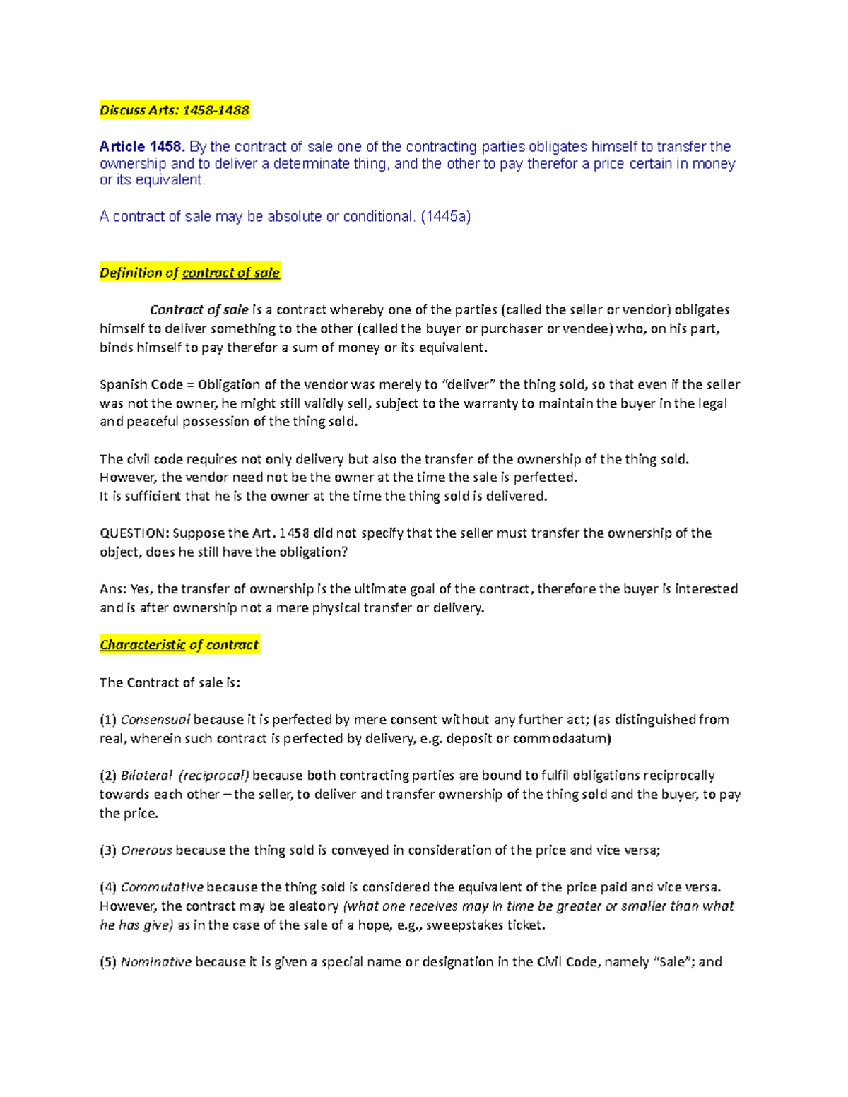 Sales and Agency - Discuss Arts: 1458- Article 1458. By the contract of ...