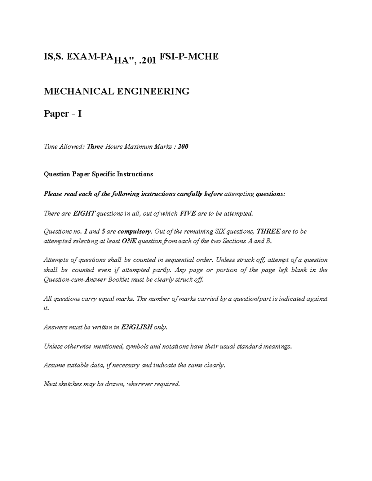 BARC- Mechanical Engineering Paper I - IS,S. EXAM-PAHA", .201 FSI-P ...