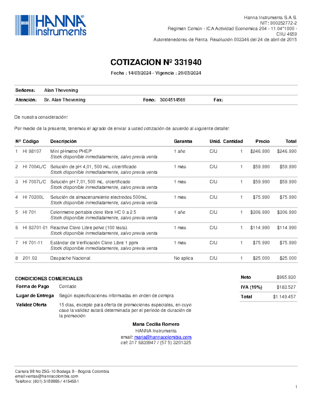 Cotizacion 331940 Hanna Instruments - NIT: 900352772- Regimen Común ...