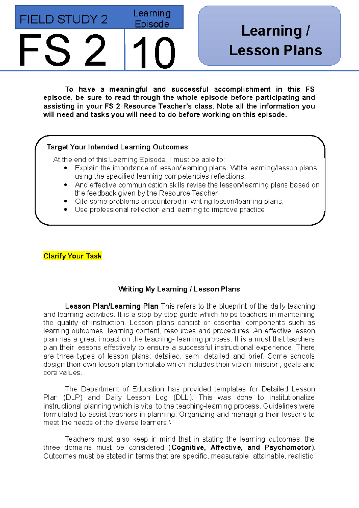 FS 2 Handout EP10 - To have a meaningful and successful accomplishment in this FS episode, be ...