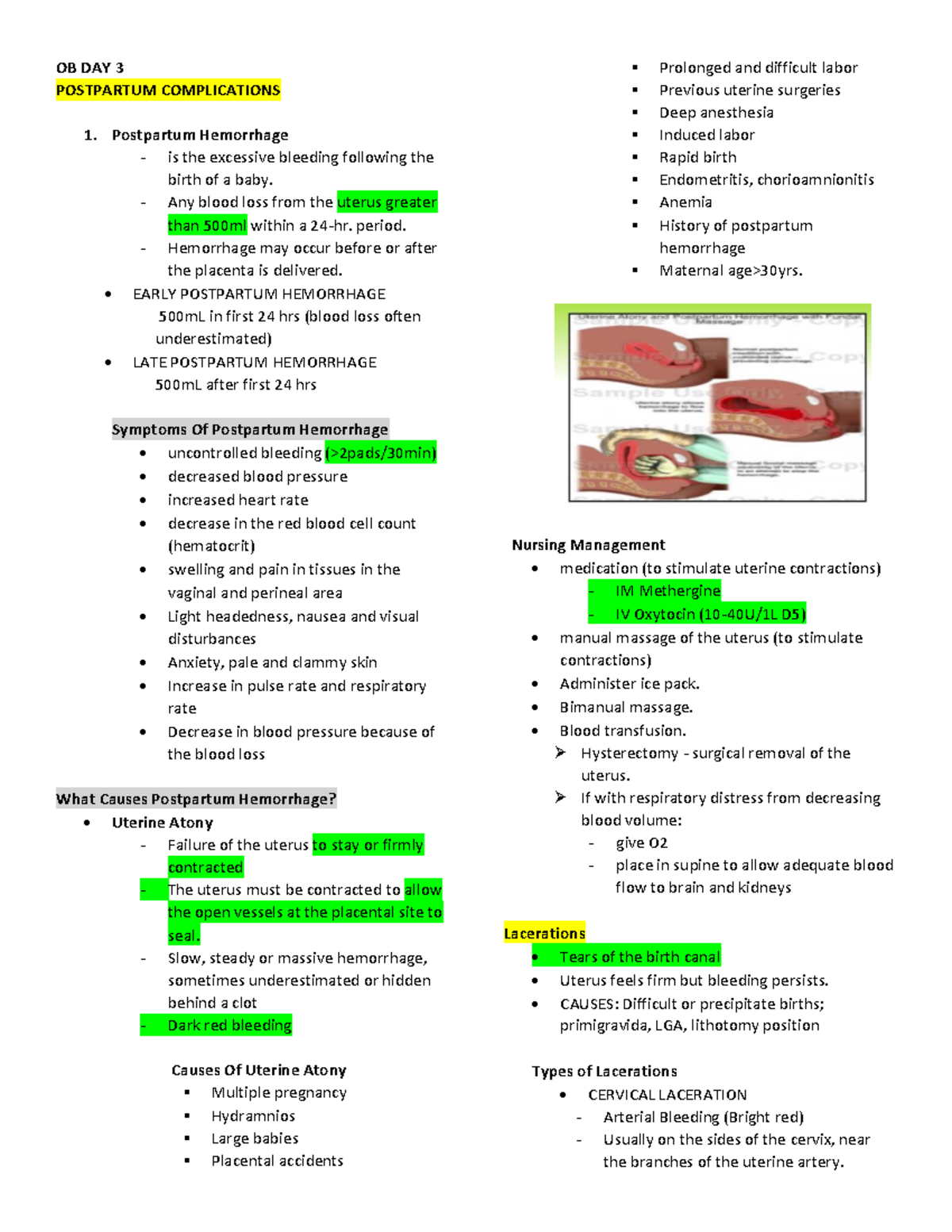 CA2 OB DAY 3 by Maam P - Notes - OB DAY 3 POSTPARTUM COMPLICATIONS ...