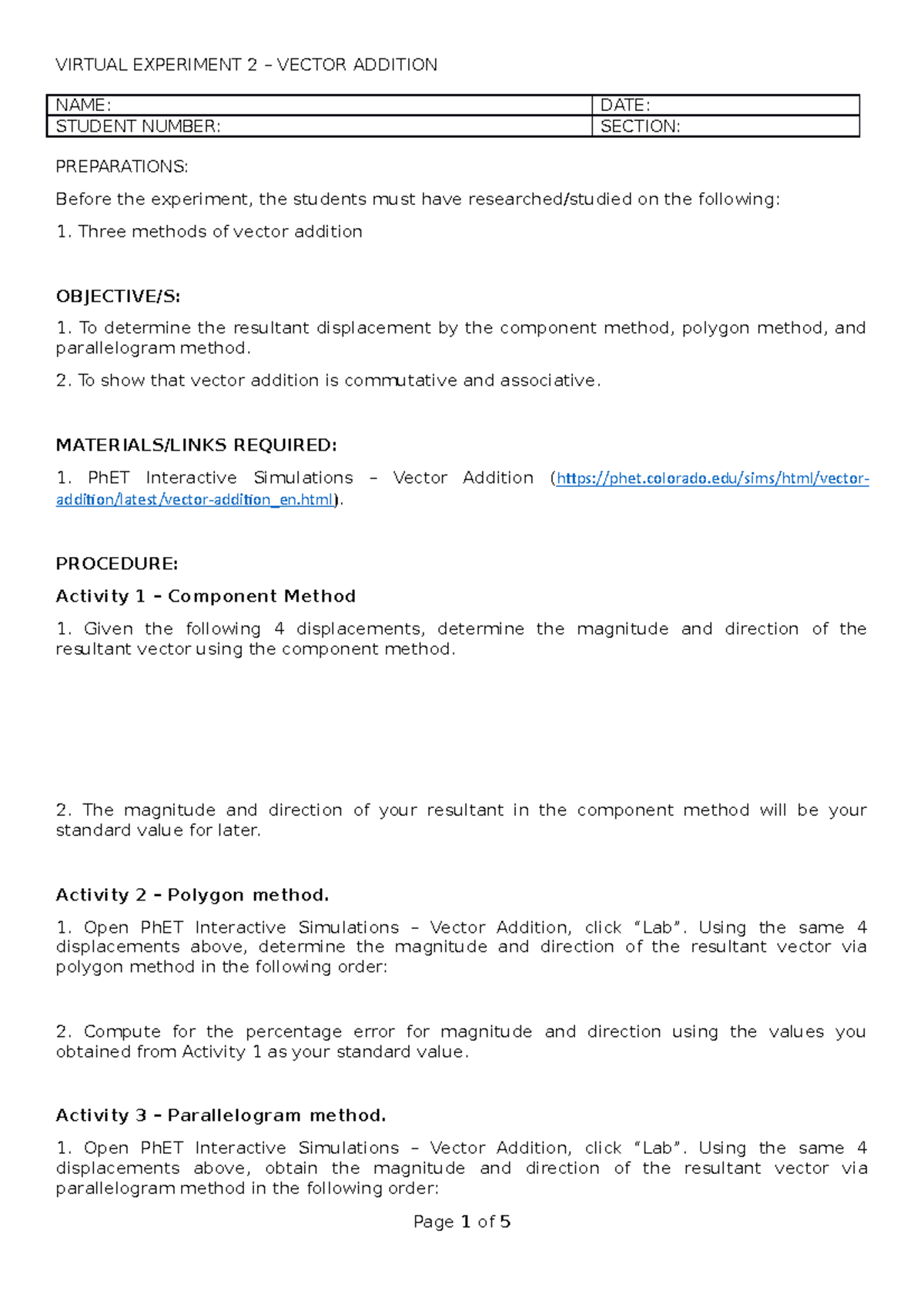 Virtual Experiment 2 - Vector Addition - NAME: DATE: STUDENT NUMBER ...