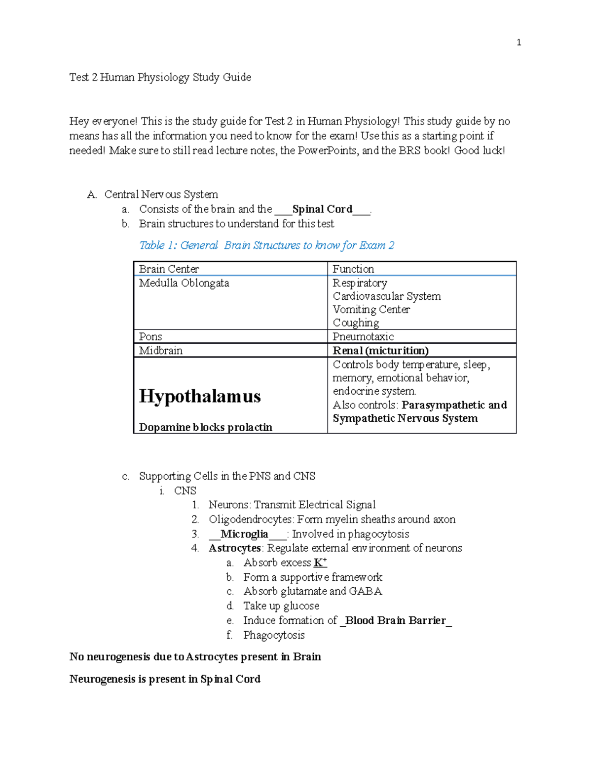Test 2 Human Physiology Study Guide - Central Nervous System a ...