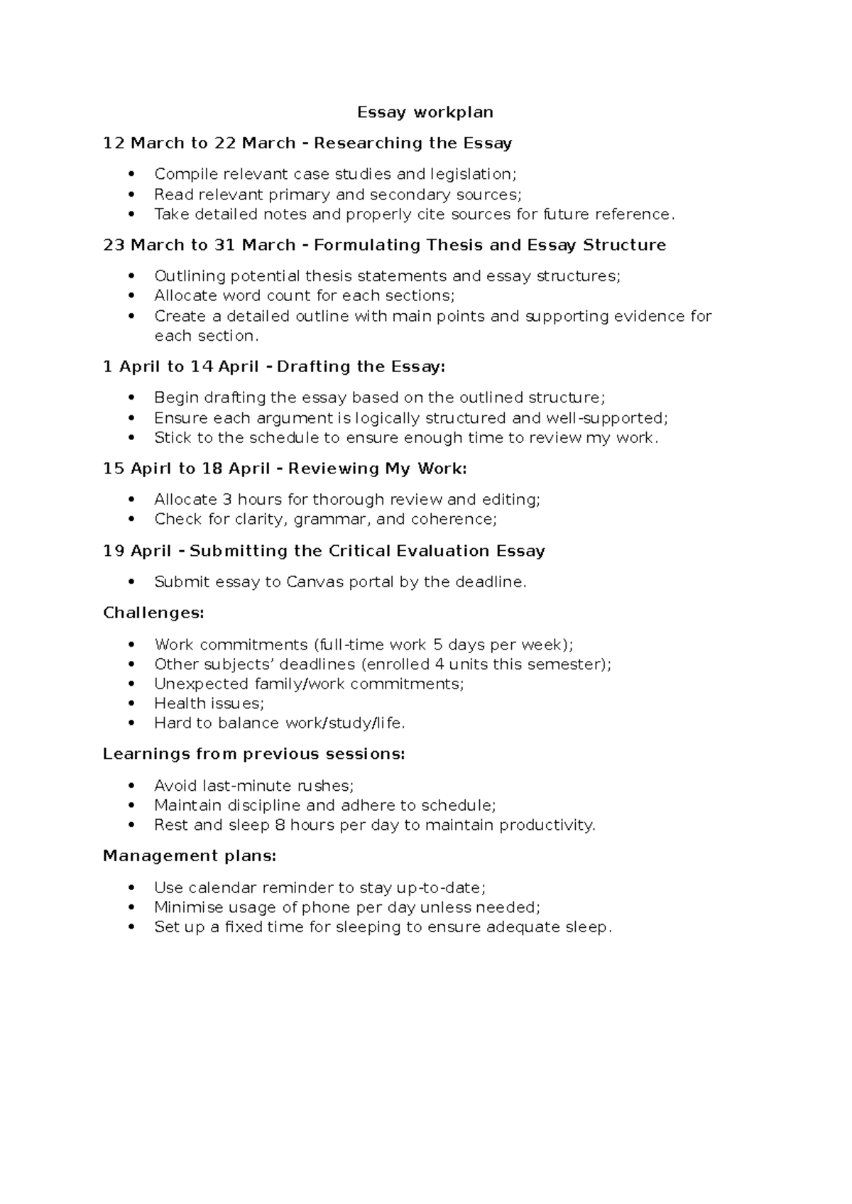 Essay workplan - 23 March to 31 March - Formulating Thesis and Essay ...