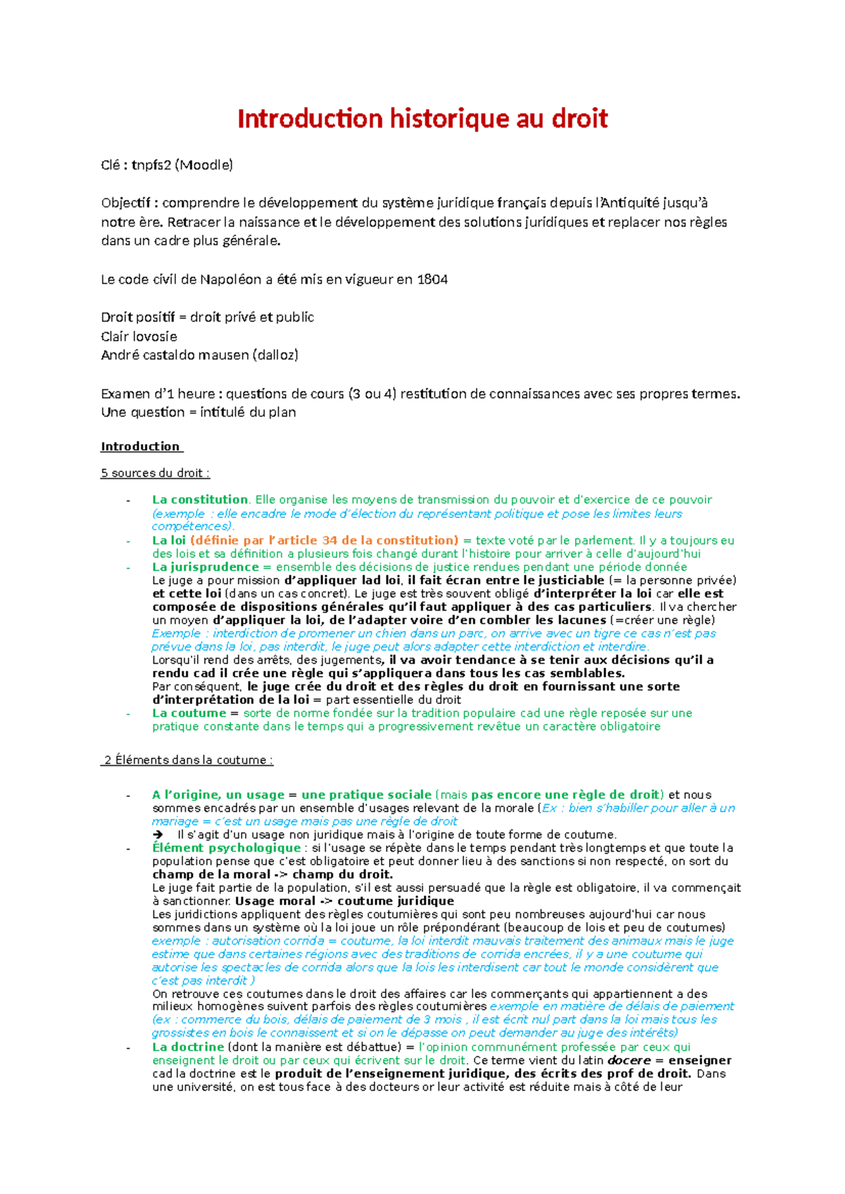 Intro hist droit - cours à destination des élèves de la section A L1 Lille - Introduction ...