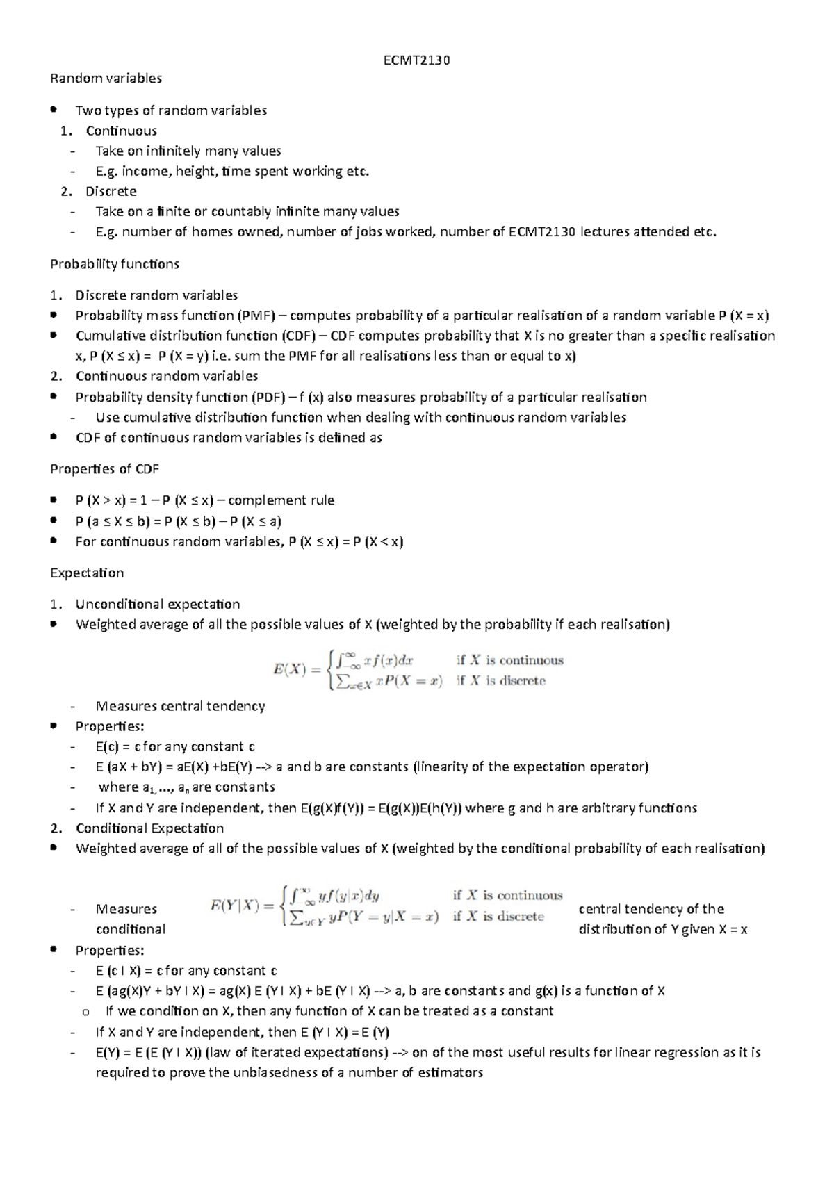 ECMT2130 Lecture Notes 2020 Sem 1 - Random variables Two types of ...