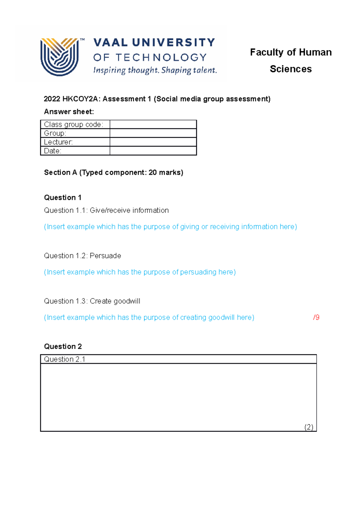 Answer sheet social media assessment - 2022 HKCOY2A: Assessment 1 ...