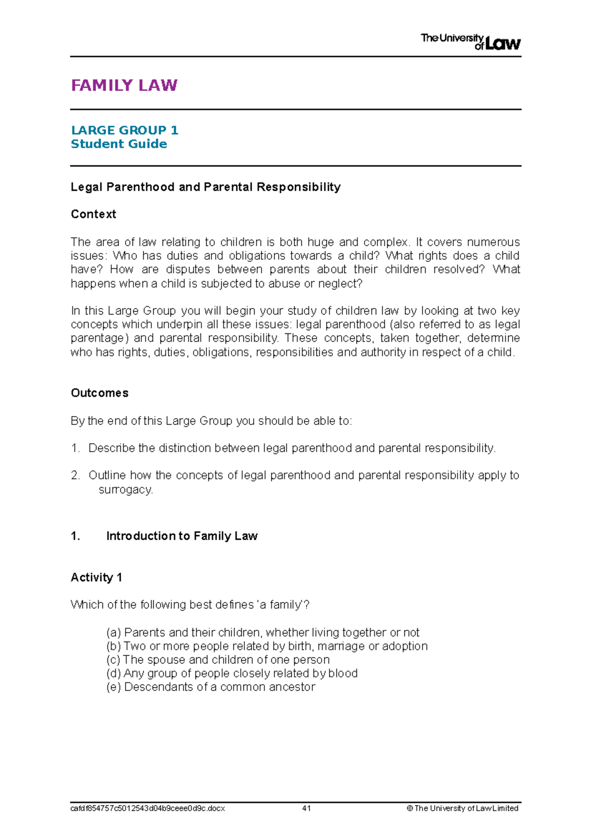 Family- unit 1 - FAMILY LAW LARGE GROUP 1 Student Guide Legal ...