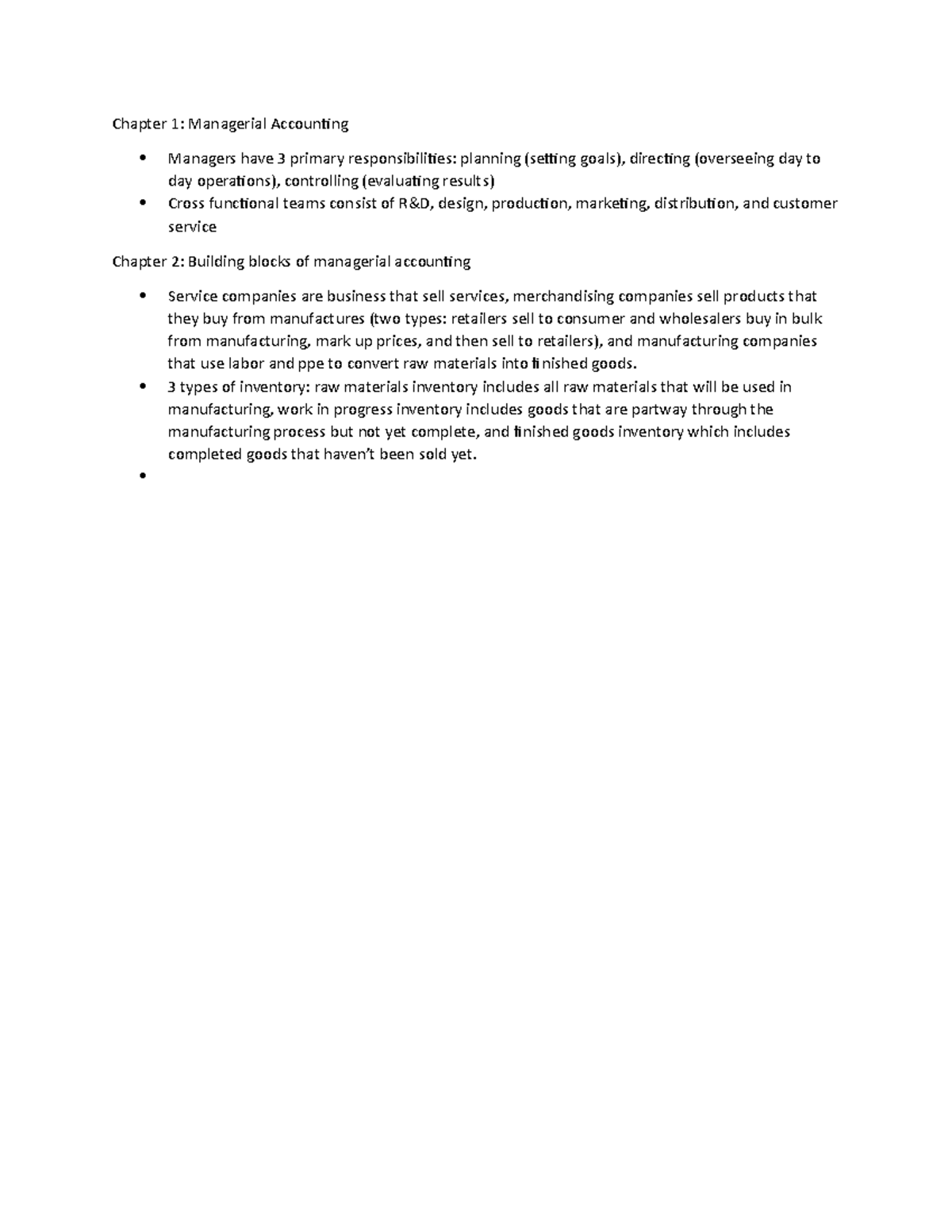 Chapter 1 and Chapter 2 Summaries for Managerial Accounting - Chapter 1 ...