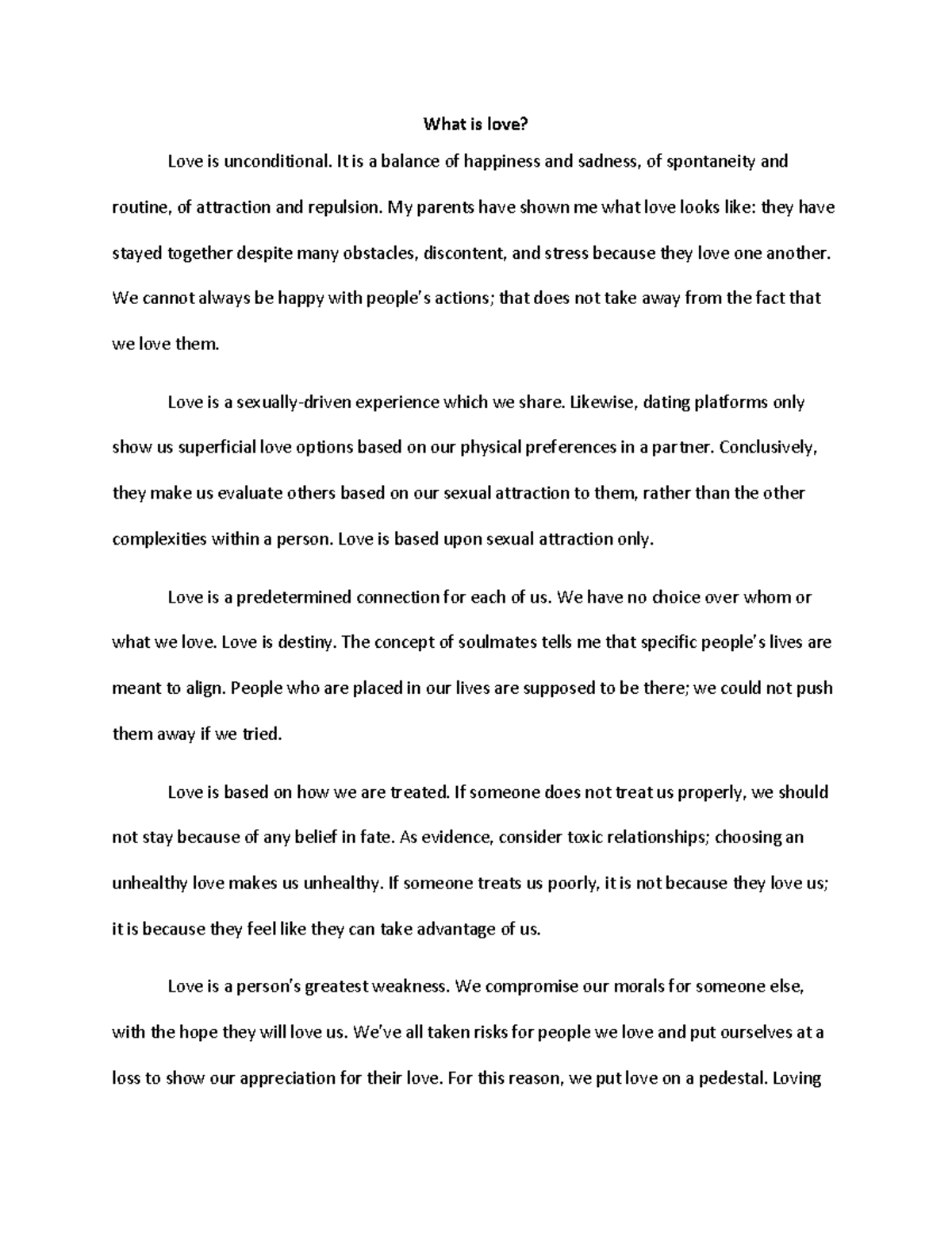 Dialectical Essay - What is love - What is love? Love is unconditional ...
