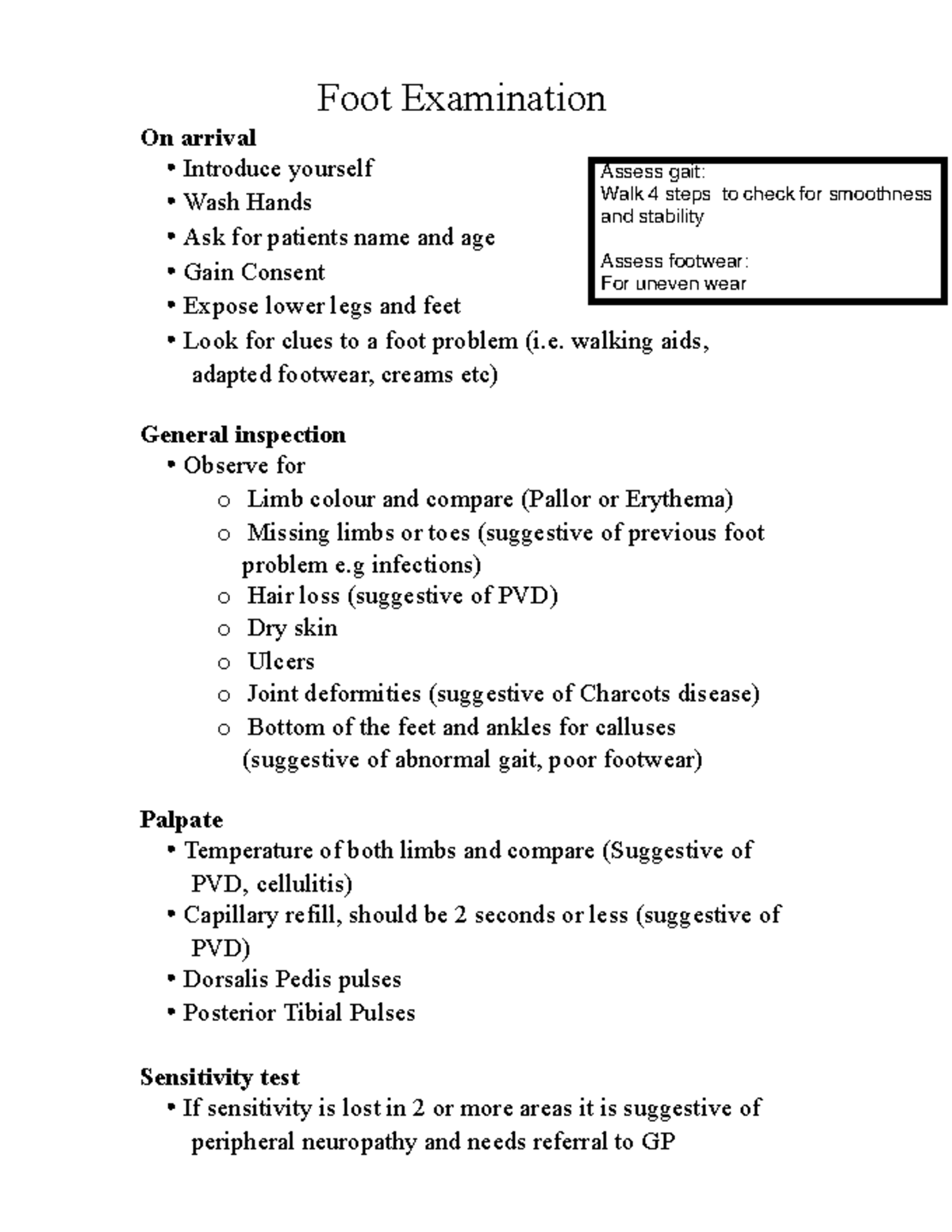 OSCE Foot Examination Criteria - Foot Examination On arrival ...