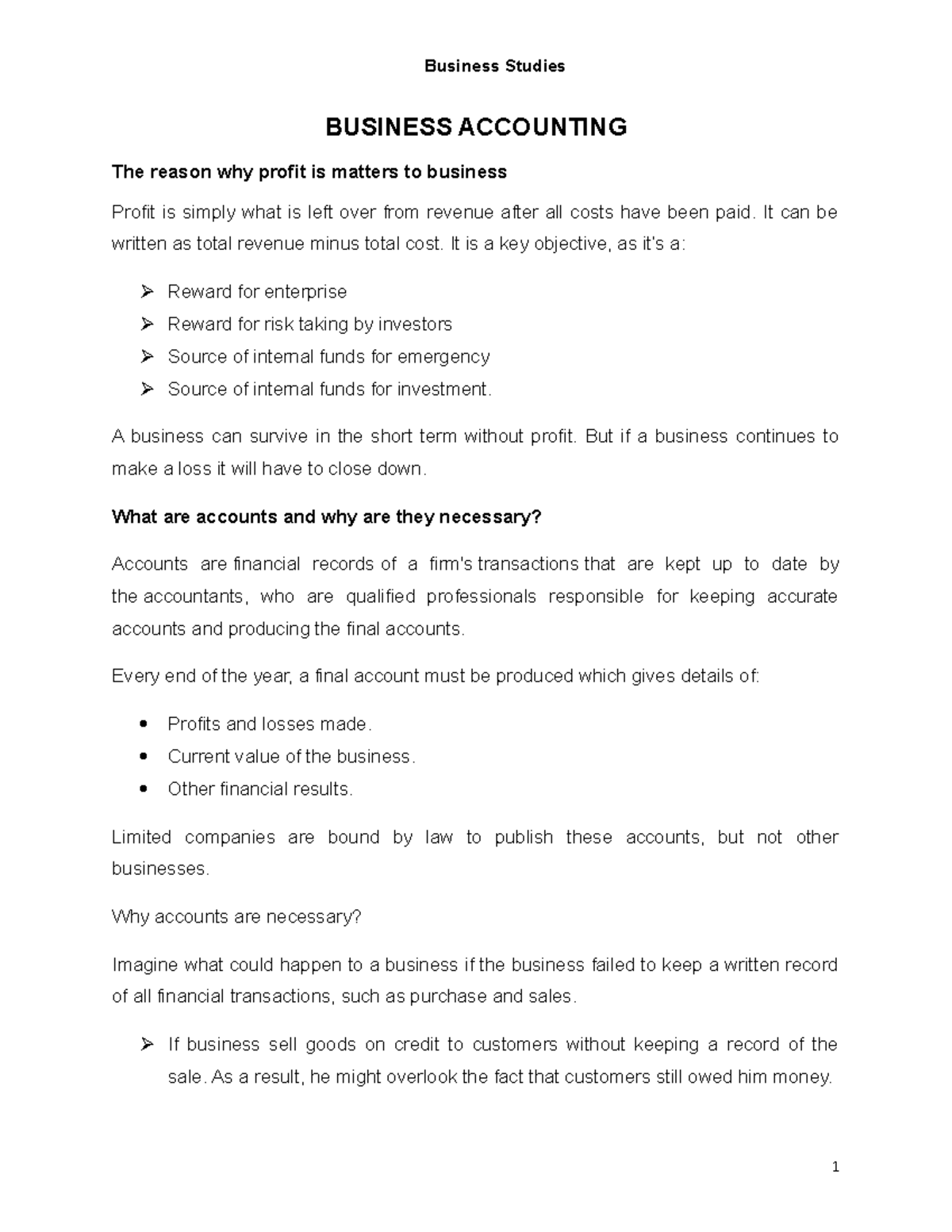 Business Accounting - Business Studies BUSINESS ACCOUNTING The reason ...