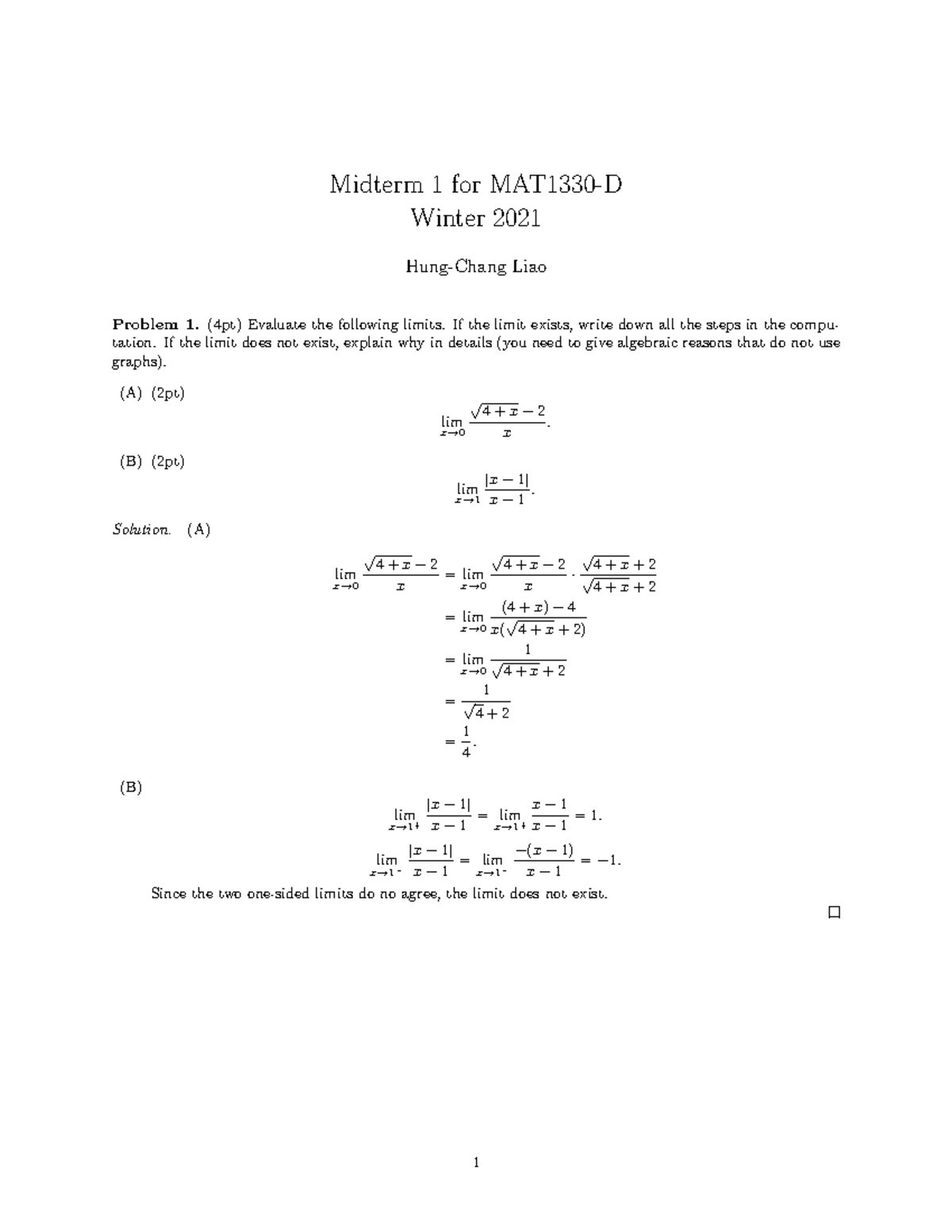Midterm 1 solution - Midterm 1 for MAT1330-D Winter 2021 Hung-Chang Liao Problem 1. (4pt ...
