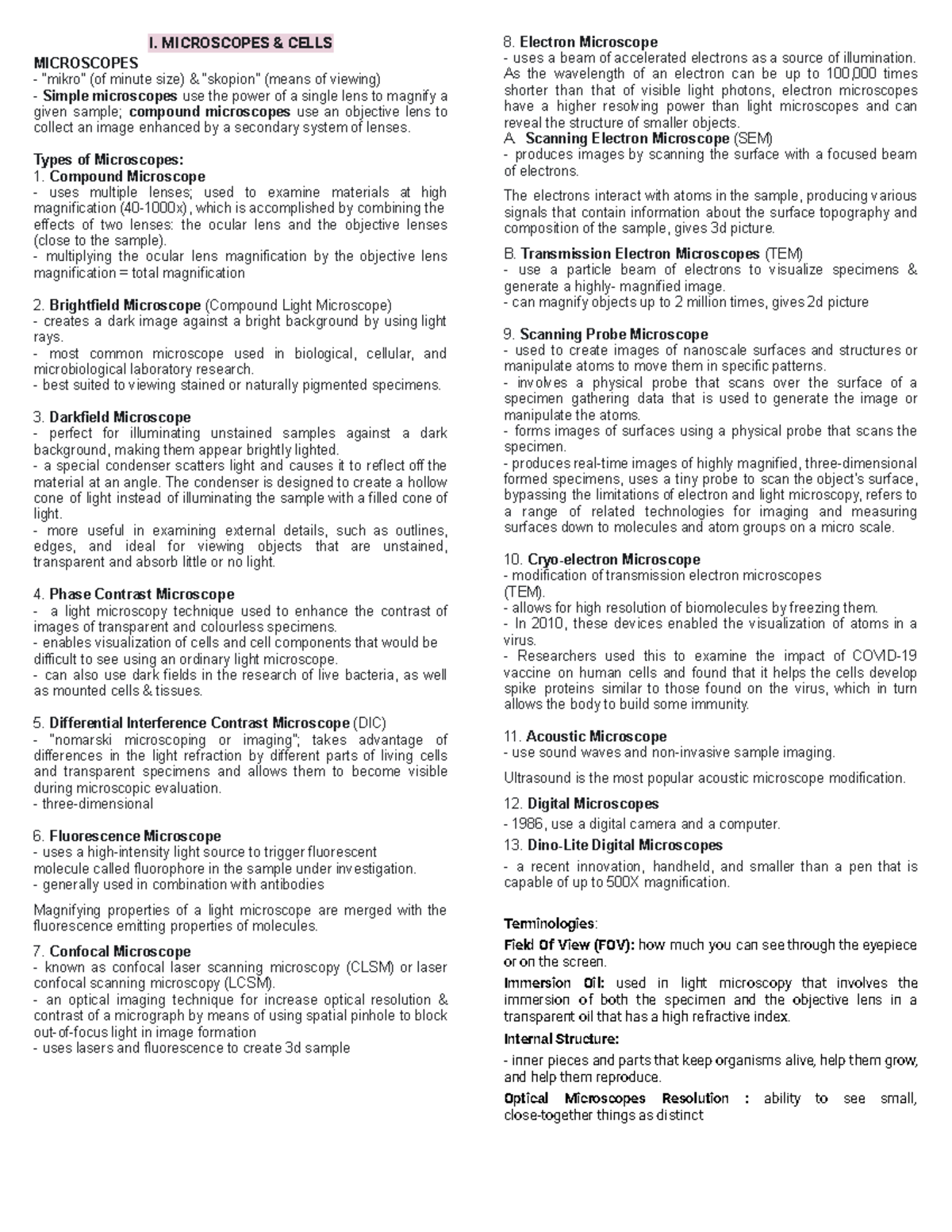 MICP211 LAB Prelim Reviewer - I. MICROSCOPES & CELLS MICROSCOPES “mikro” (of minute size ...