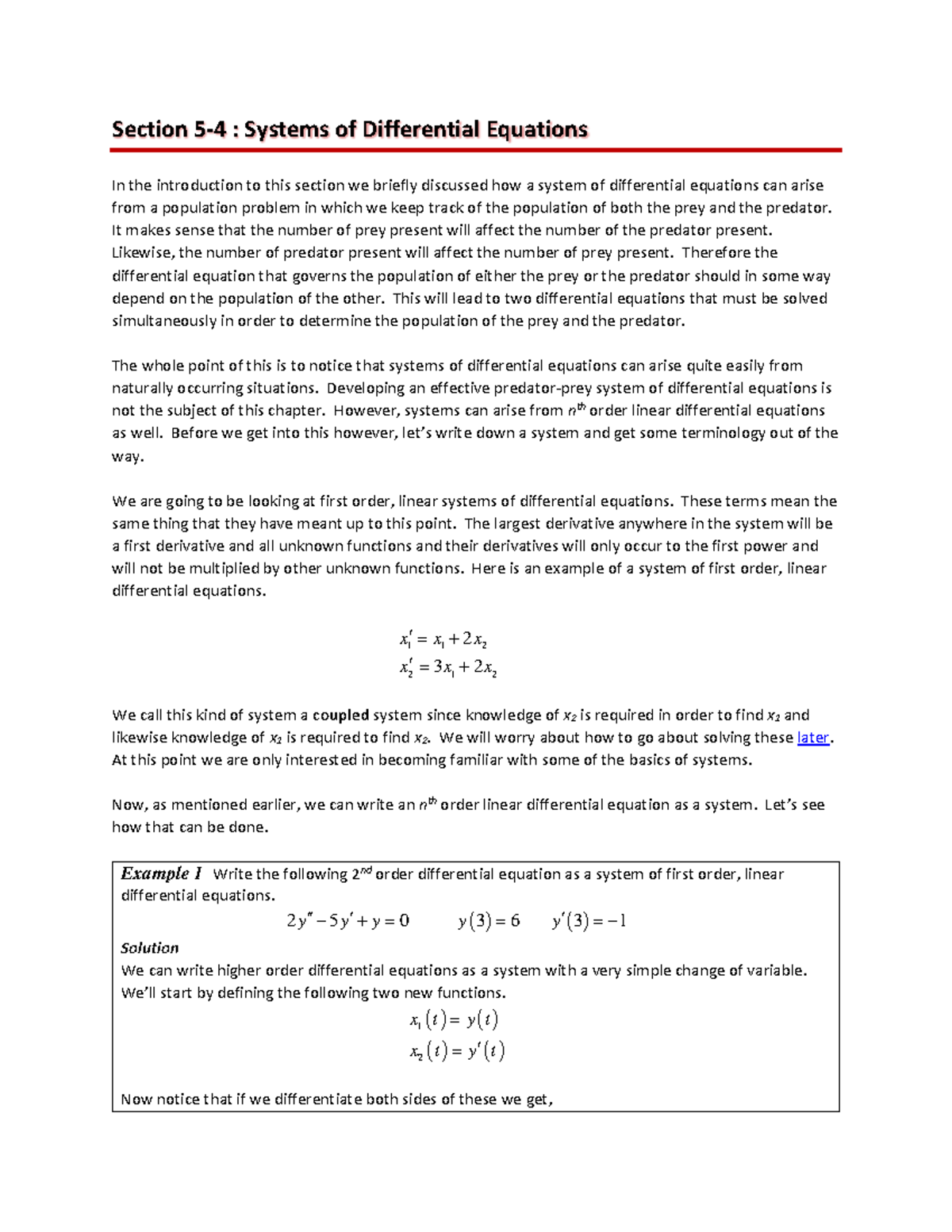 DE Systems Of DEs - Section 5-4 : Systems of Differential Equations In ...