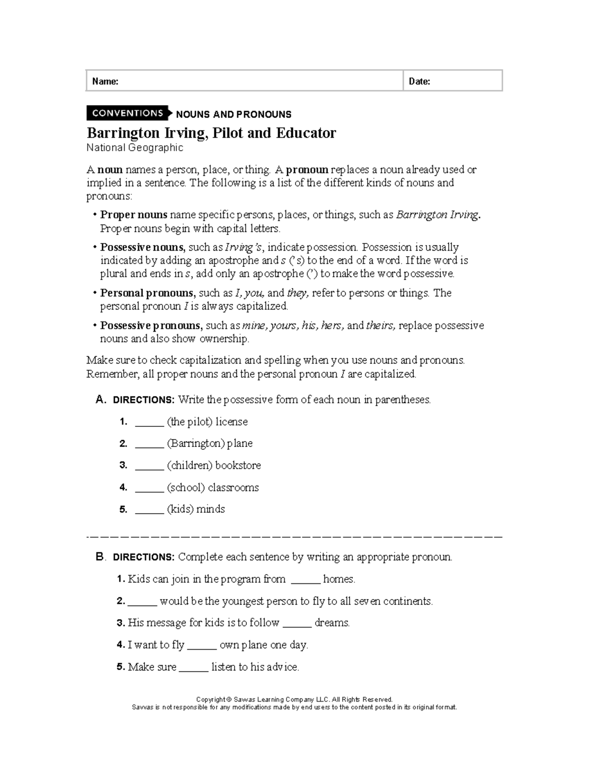 LIT17 ANC G8U3 Bar Irv LD - Name: Date: NOUNS AND PRONOUNS Barrington ...