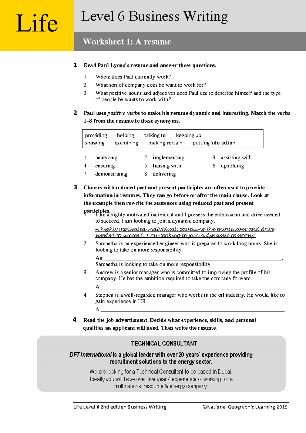 Level 6 Worksheet 1 Resumes - Life Level 6 2nd edition Business Writing ...