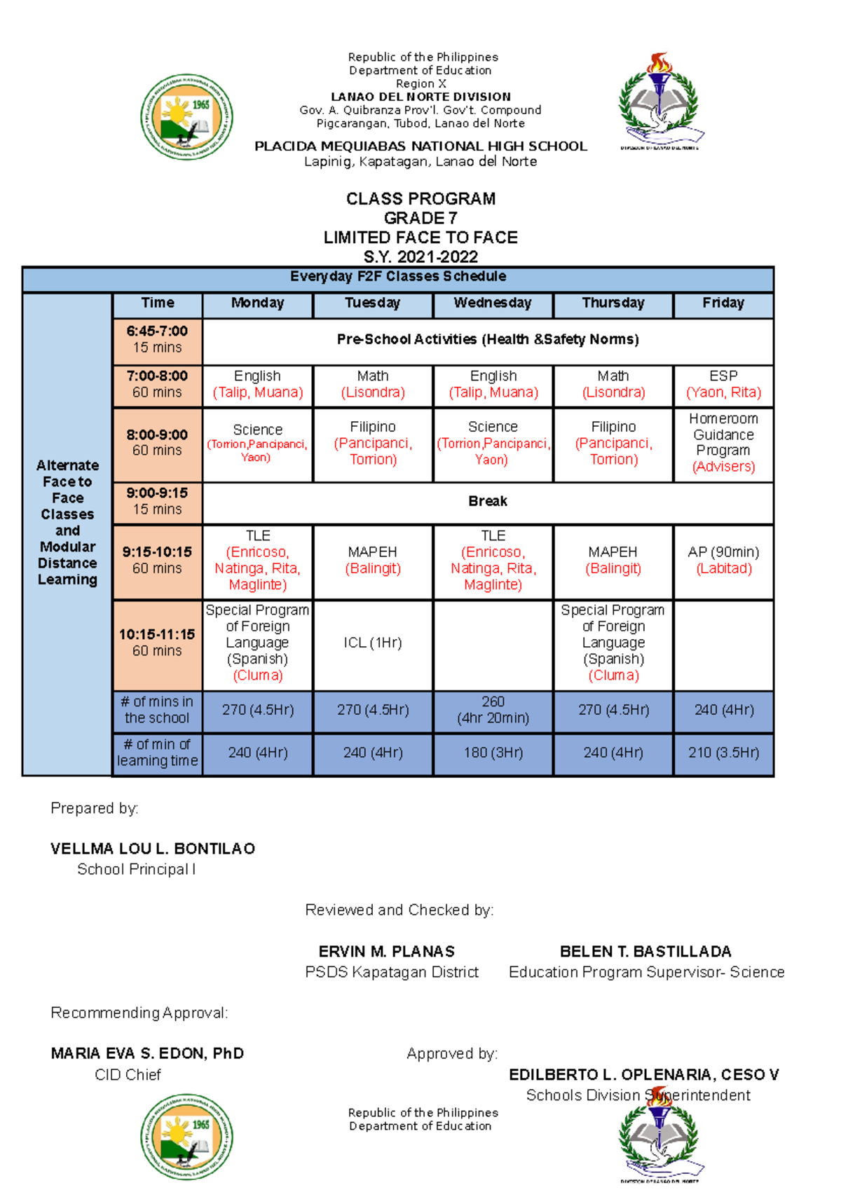 Class program limited face to face - Republic of the Philippines ...