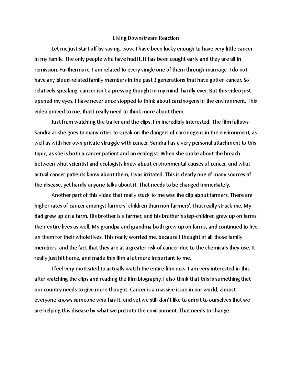 HLED 202 Living Downstream Assignment - Living Downstream Reaction Let ...