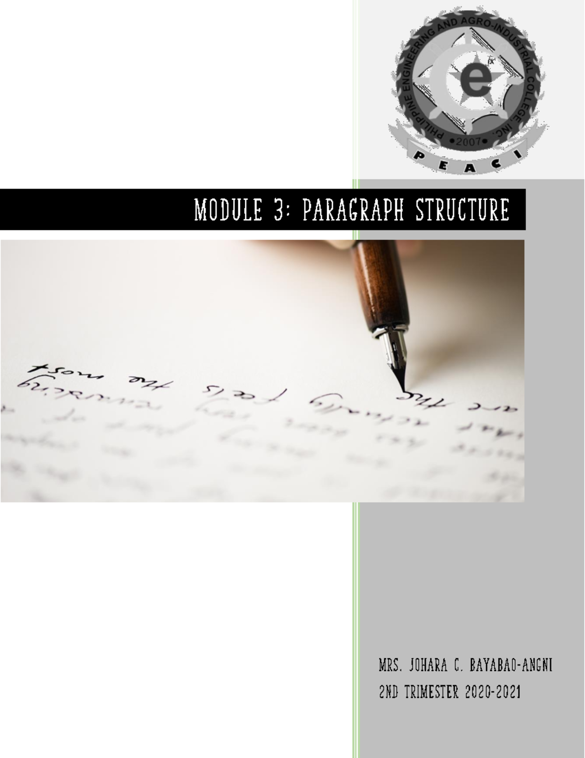 Writing Paragraphs - L esson 4 Pa ra graph Structure A paragraph is a ...